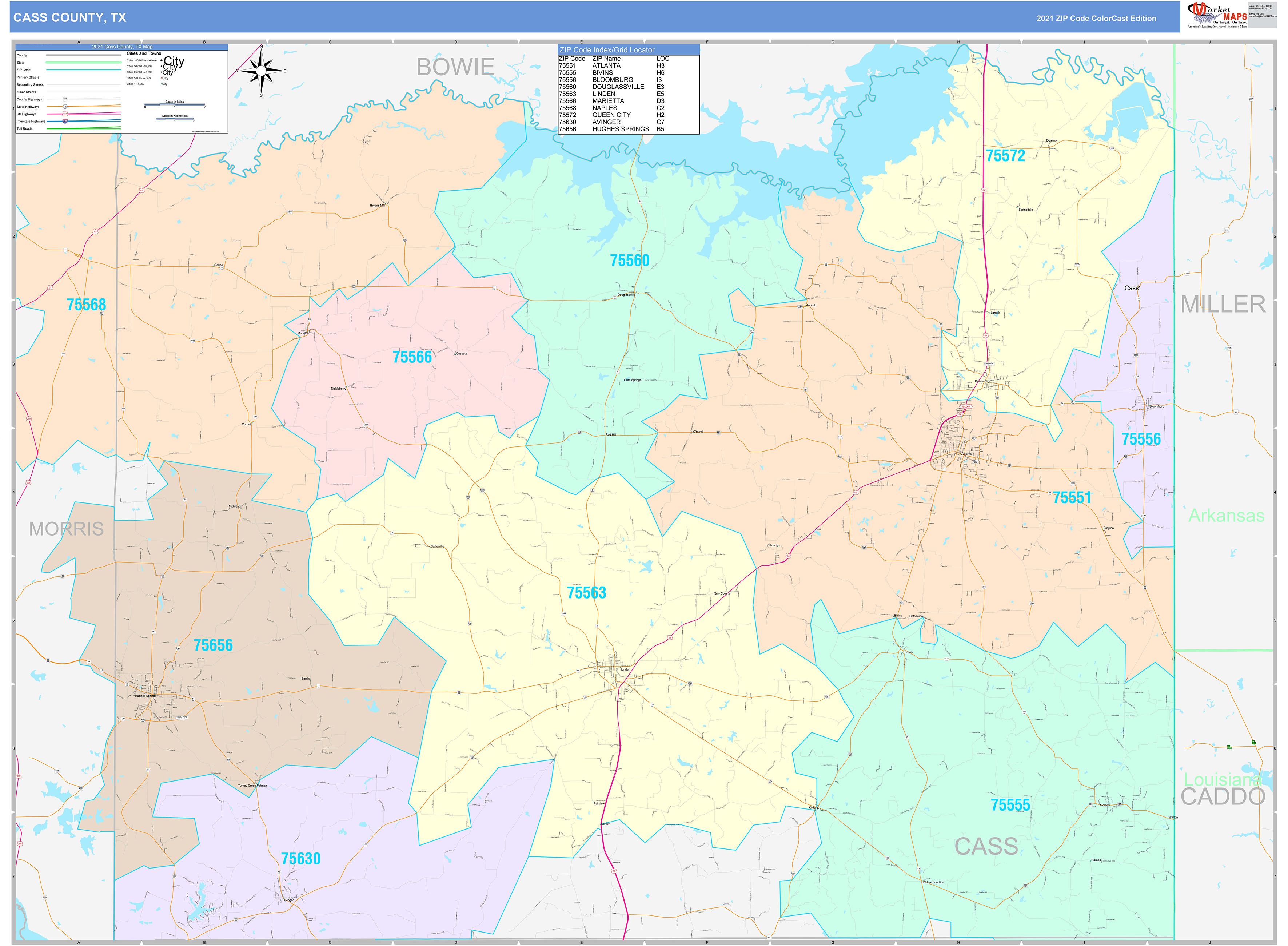 Cass County, TX Wall Map Color Cast Style by MarketMAPS - MapSales.com