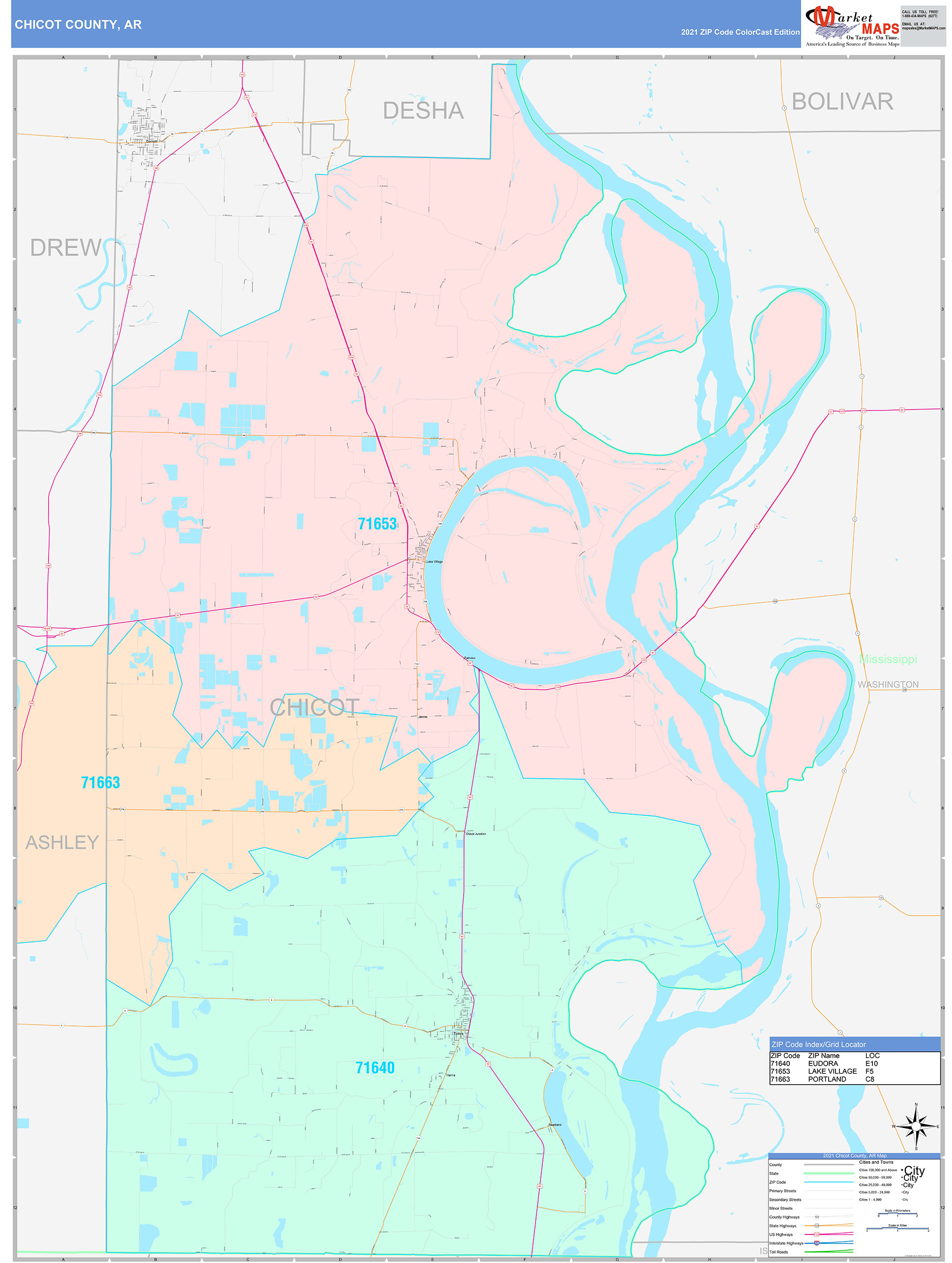 Chicot County, AR Wall Map Color Cast Style by MarketMAPS - MapSales.com