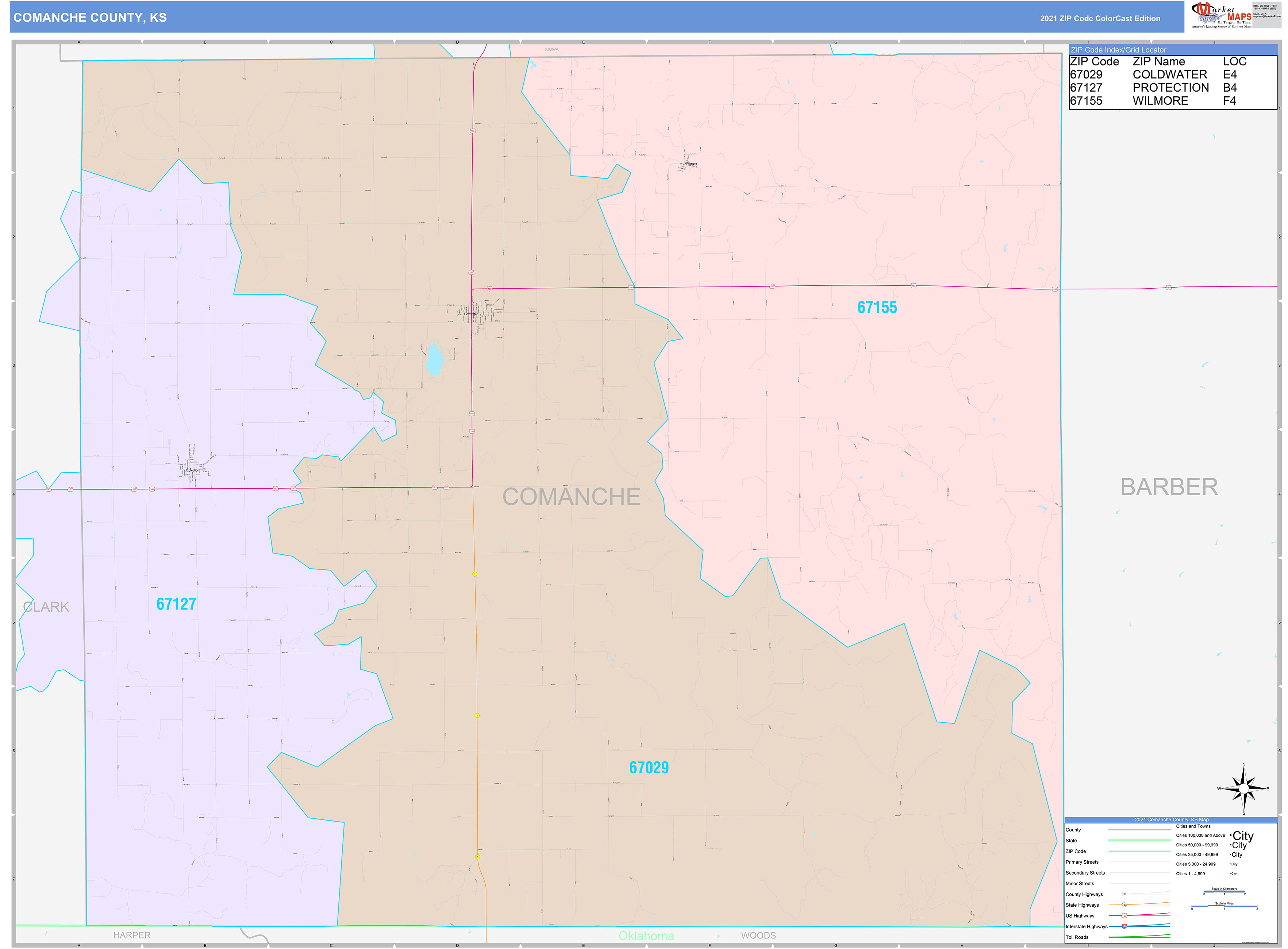Comanche County, KS Wall Map Color Cast Style by MarketMAPS - MapSales.com