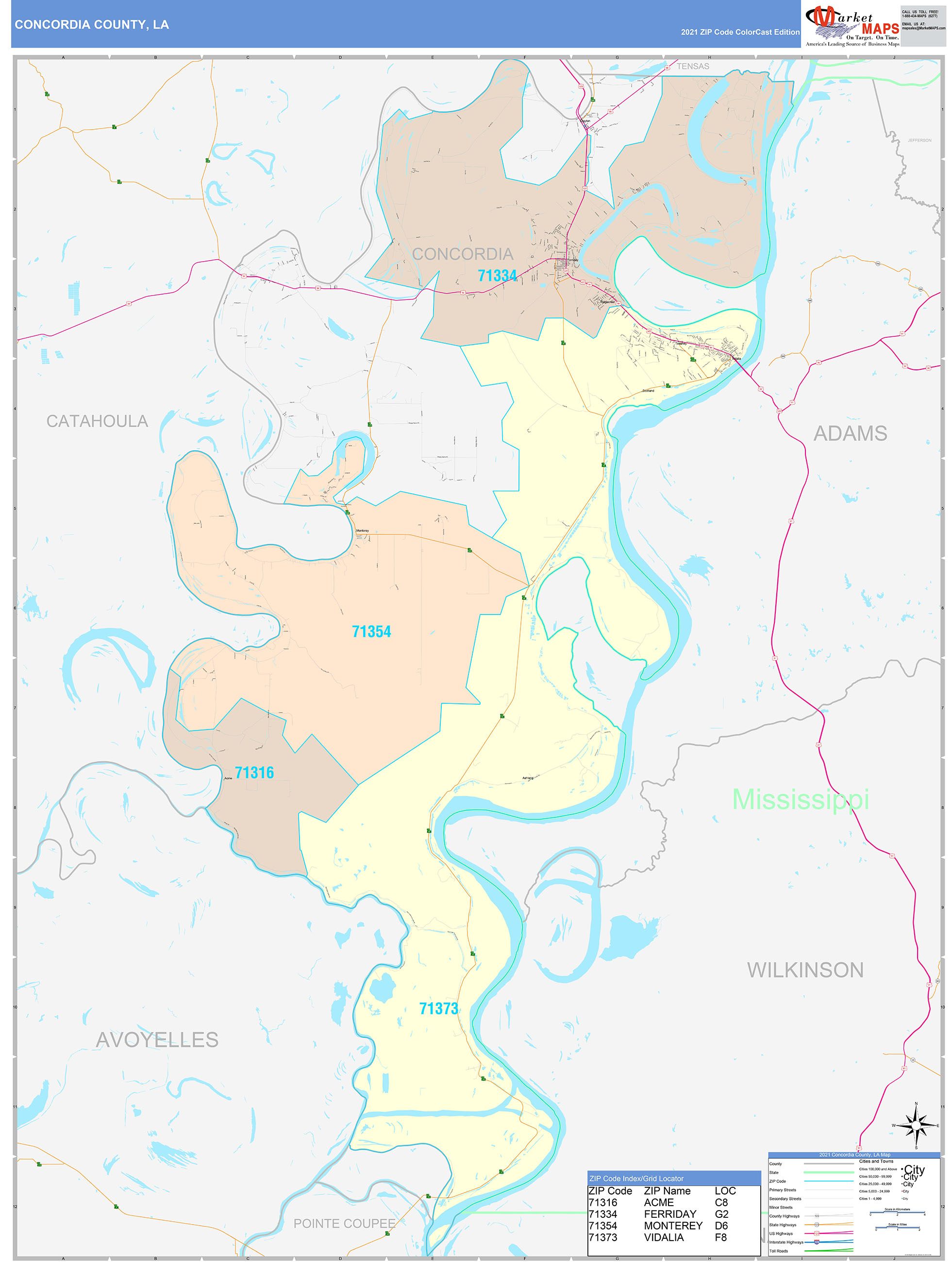 Concordia County, LA Wall Map Color Cast Style by MarketMAPS - MapSales.com