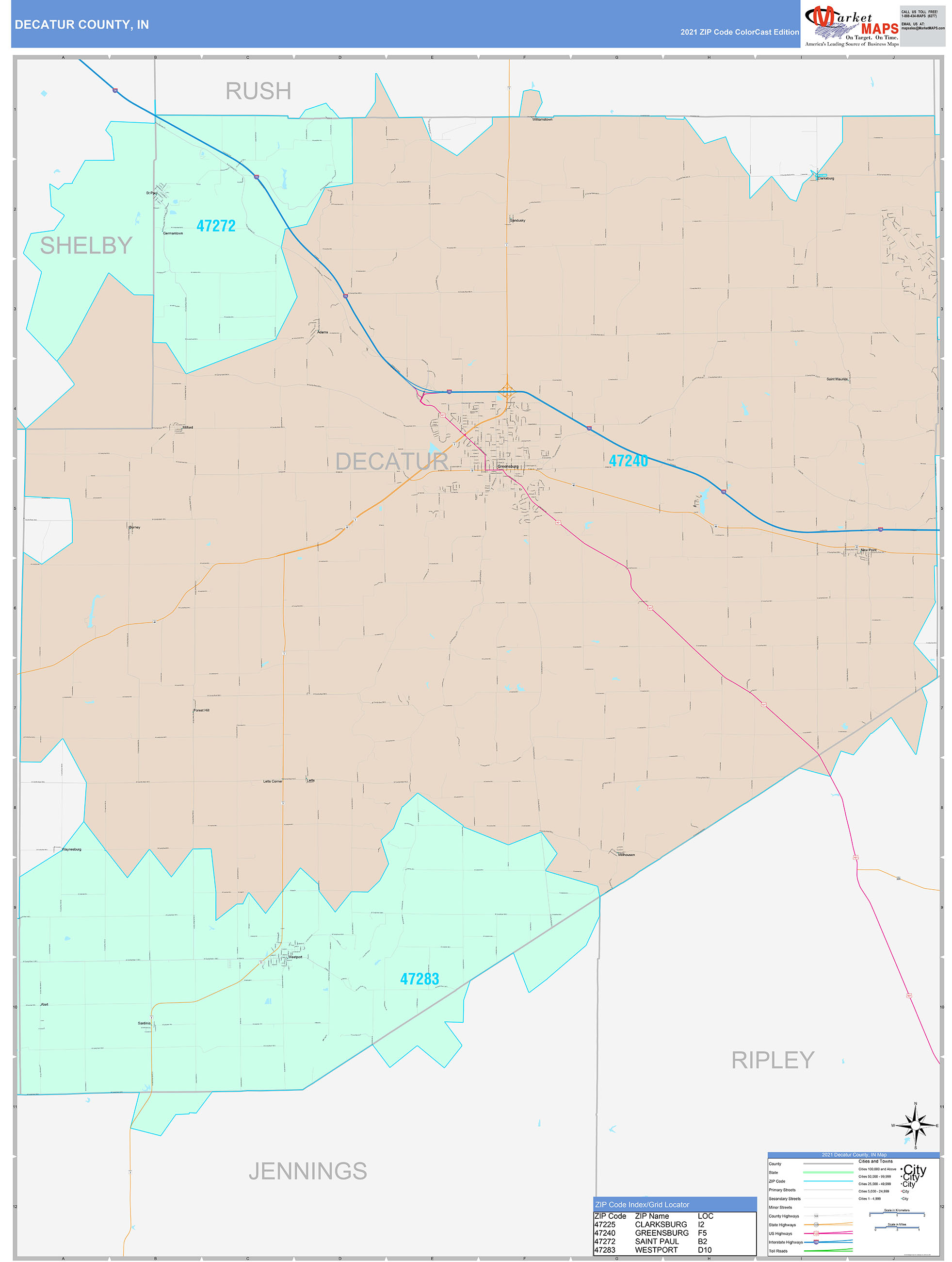 Decatur County, IN Wall Map Color Cast Style by MarketMAPS - MapSales
