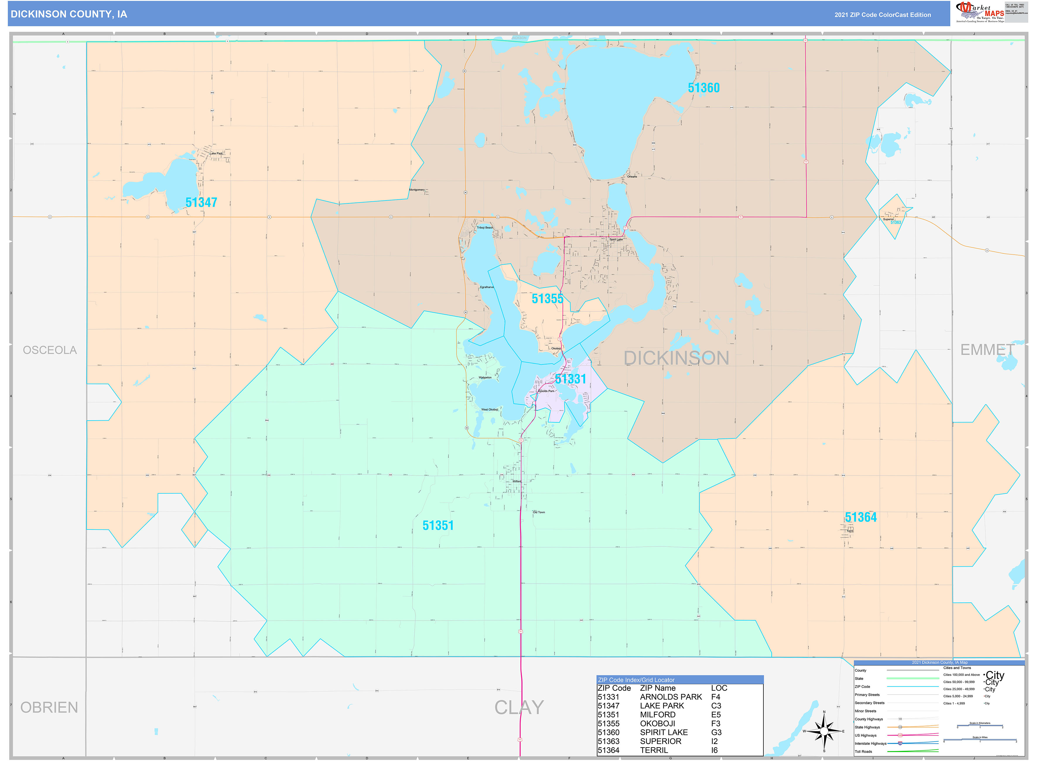 Dickinson County Ia Wall Map Color Cast Style By Marketmaps