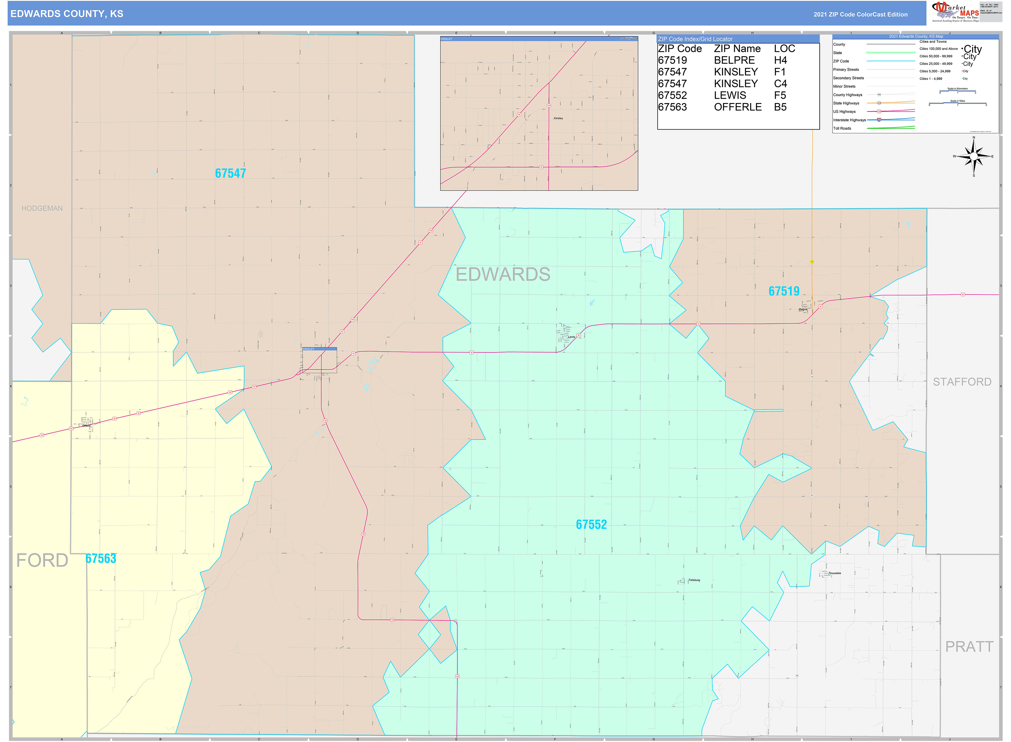 Edwards County, KS Wall Map Color Cast Style by MarketMAPS