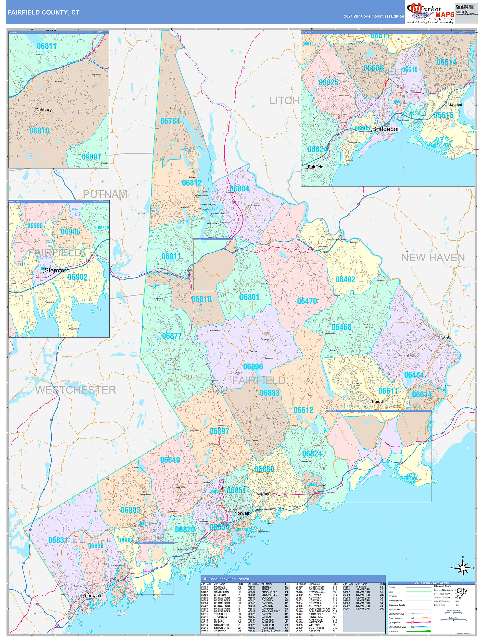 Fairfield County CT Wall Map Color Cast Style By MarketMAPS