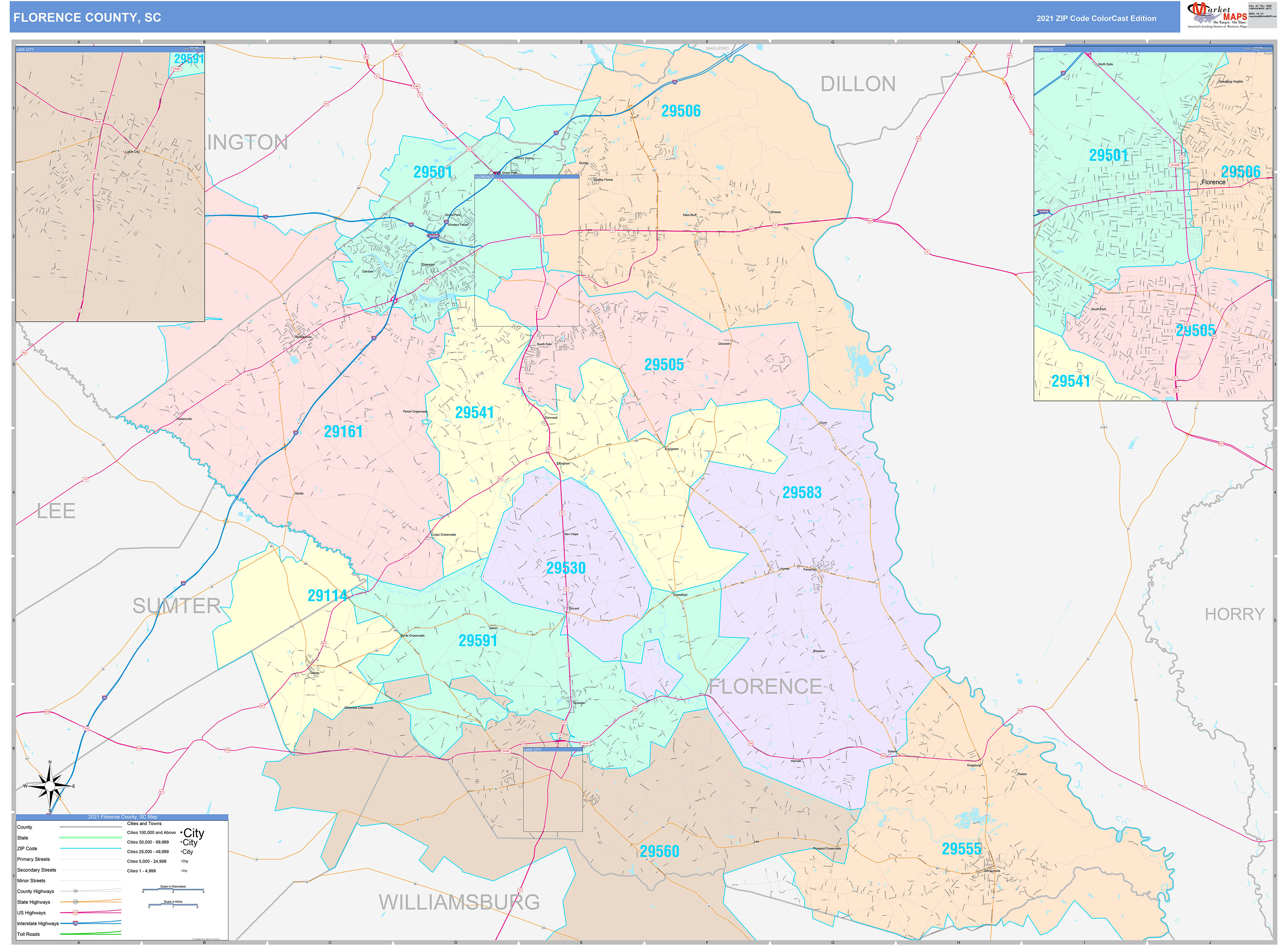 Florence County, SC Wall Map Color Cast Style by MarketMAPS - MapSales.com