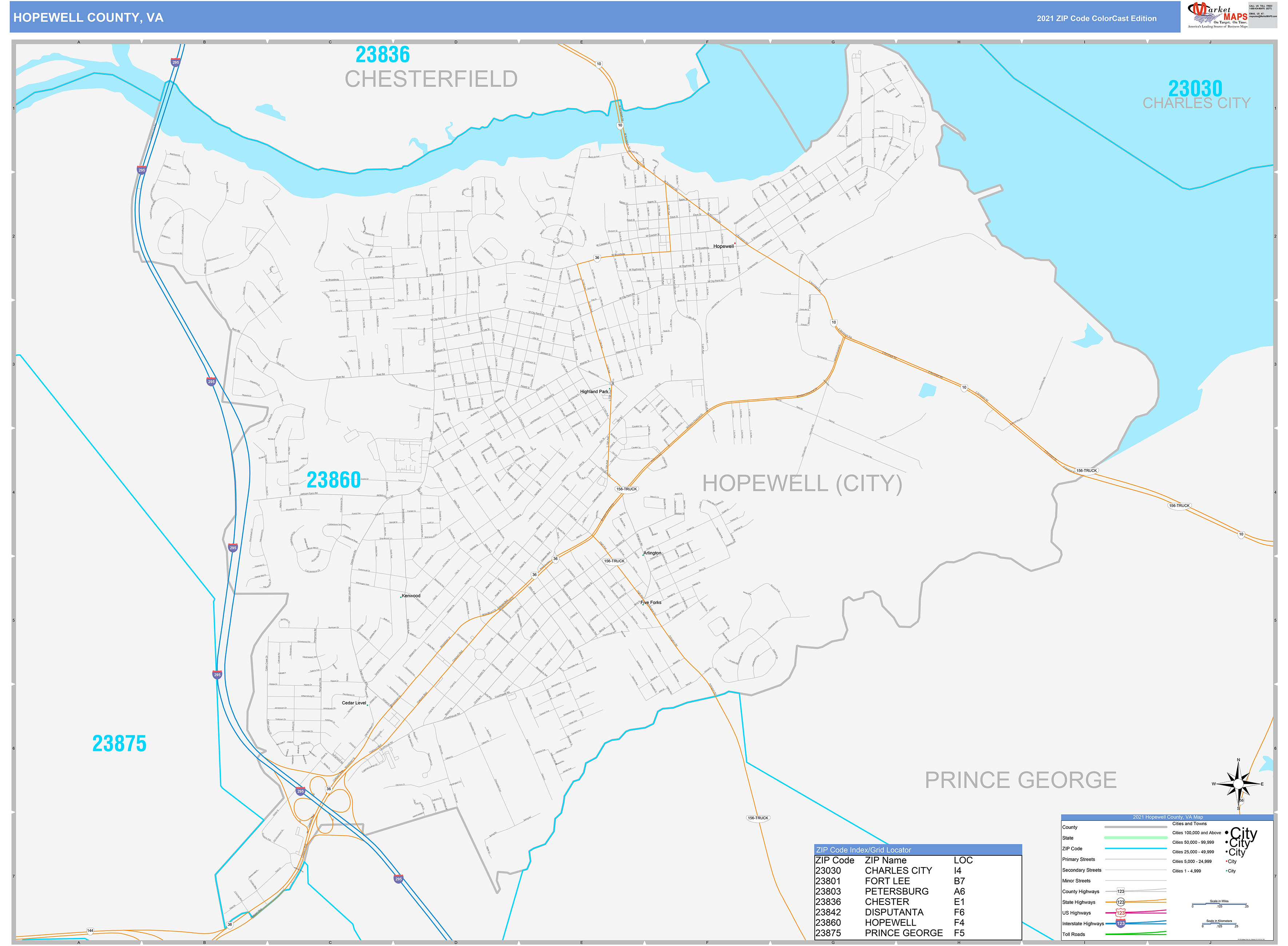 Hopewell County, VA Wall Map Color Cast Style by MarketMAPS - MapSales