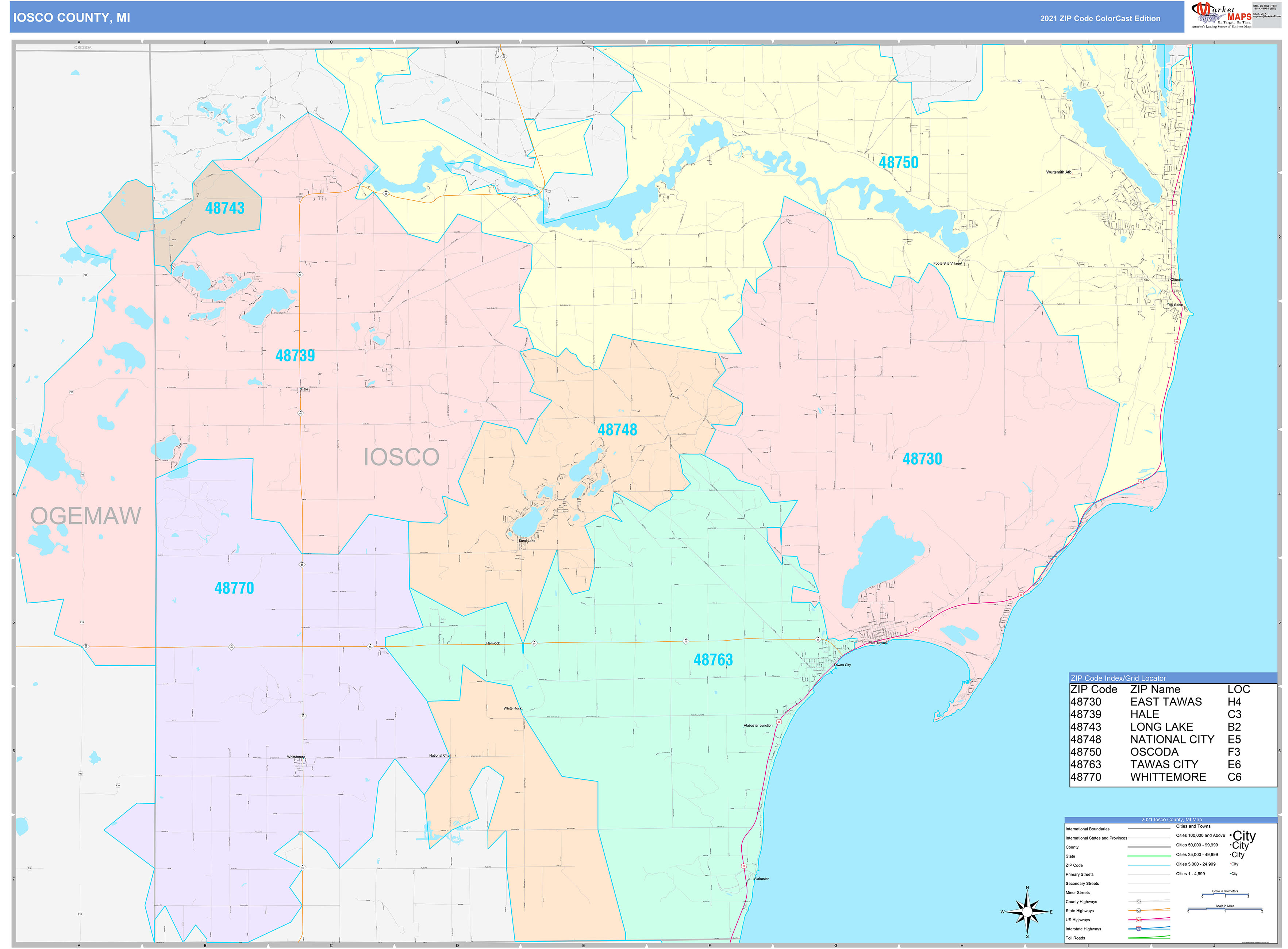Iosco County, MI Wall Map Color Cast Style by MarketMAPS - MapSales