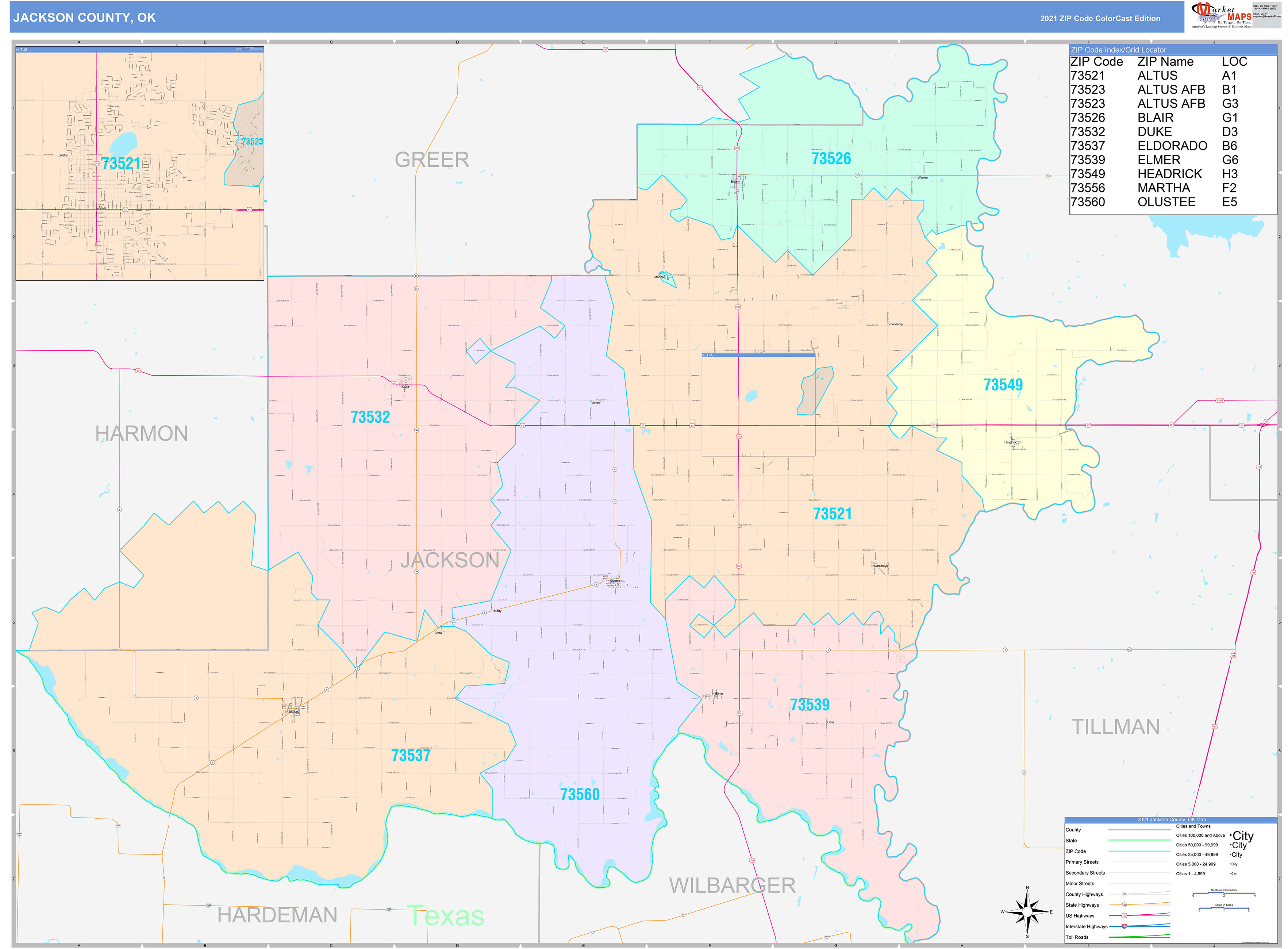 Jackson County, OK Wall Map Color Cast Style by MarketMAPS - MapSales.com