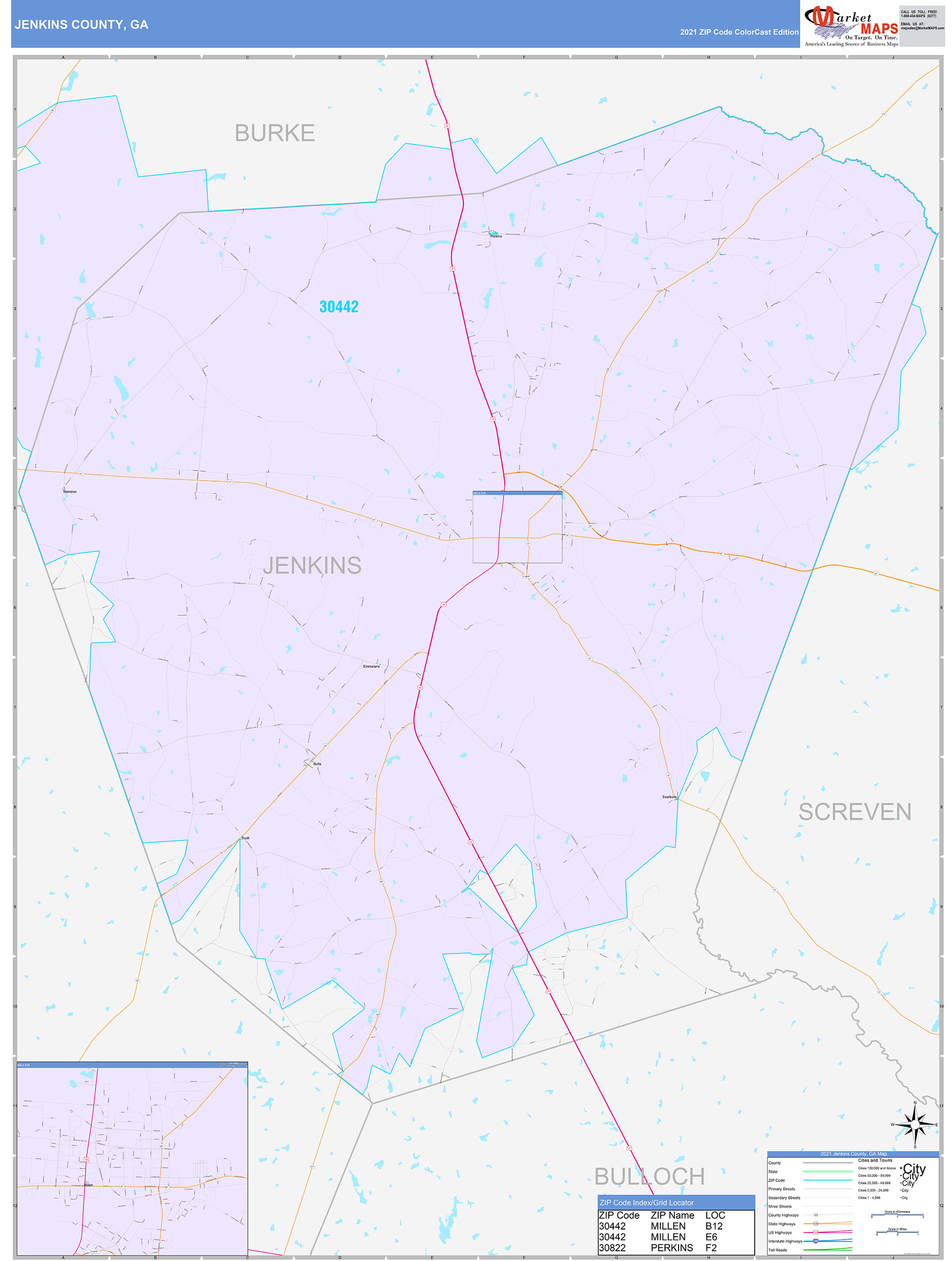 Jenkins County, GA Wall Map Color Cast Style by MarketMAPS - MapSales.com