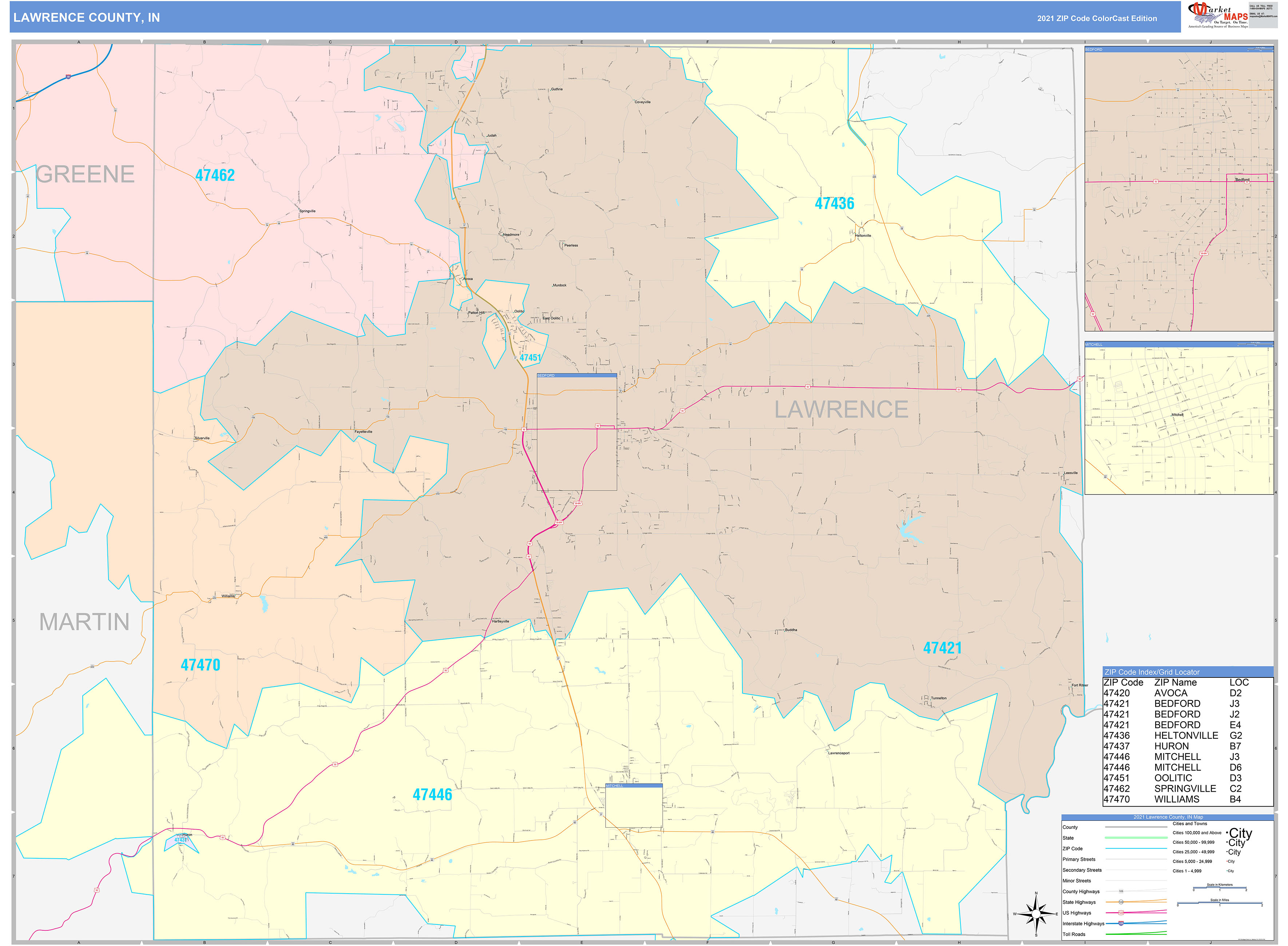 Lawrence County, IN Wall Map Color Cast Style by MarketMAPS - MapSales