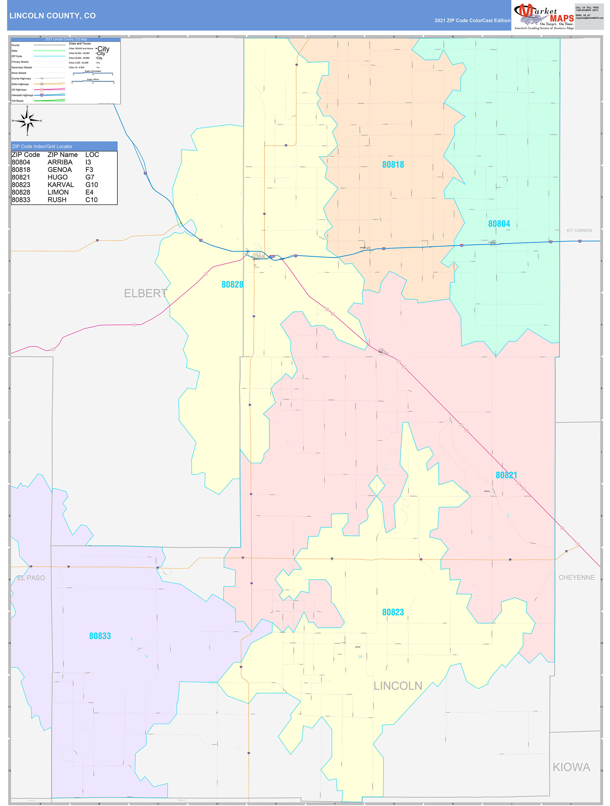 Lincoln County, CO Wall Map Color Cast Style by MarketMAPS - MapSales.com