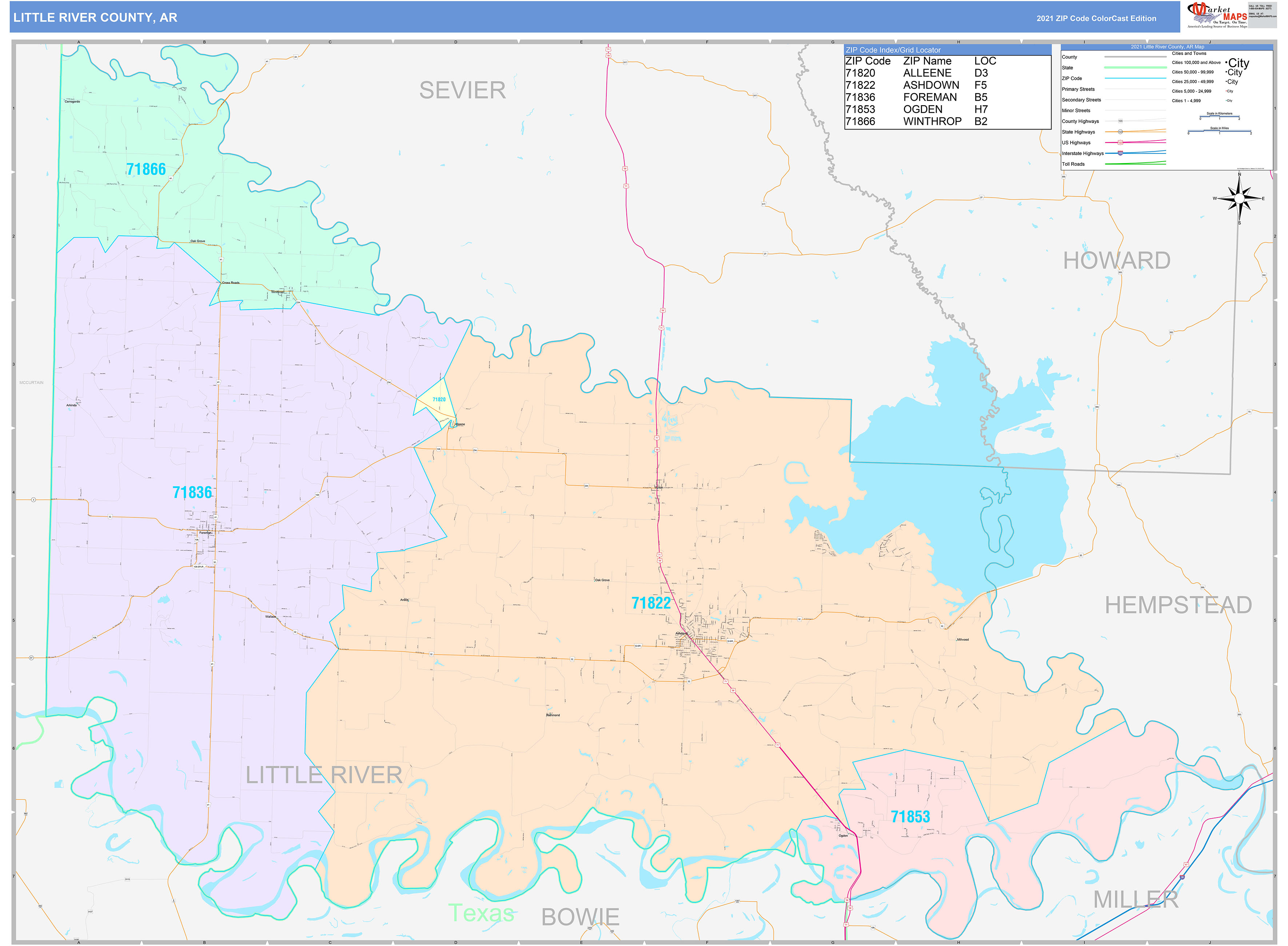 Little River County, AR Wall Map Color Cast Style by MarketMAPS ...