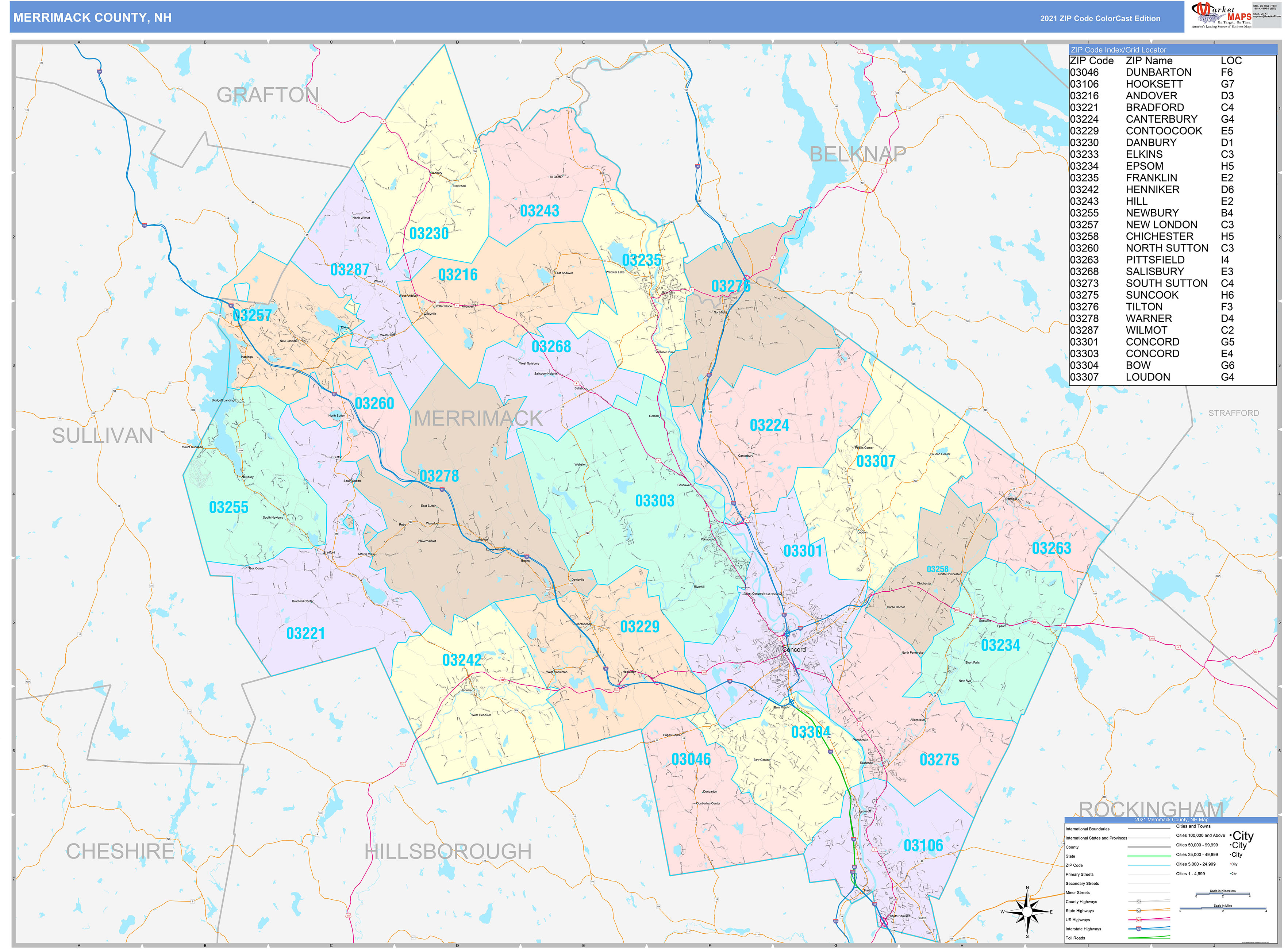 Merrimack County, NH Wall Map Color Cast Style by MarketMAPS - MapSales Merrimack County, NH Wall Map Color Cast Style by MarketMAPS - MapSales