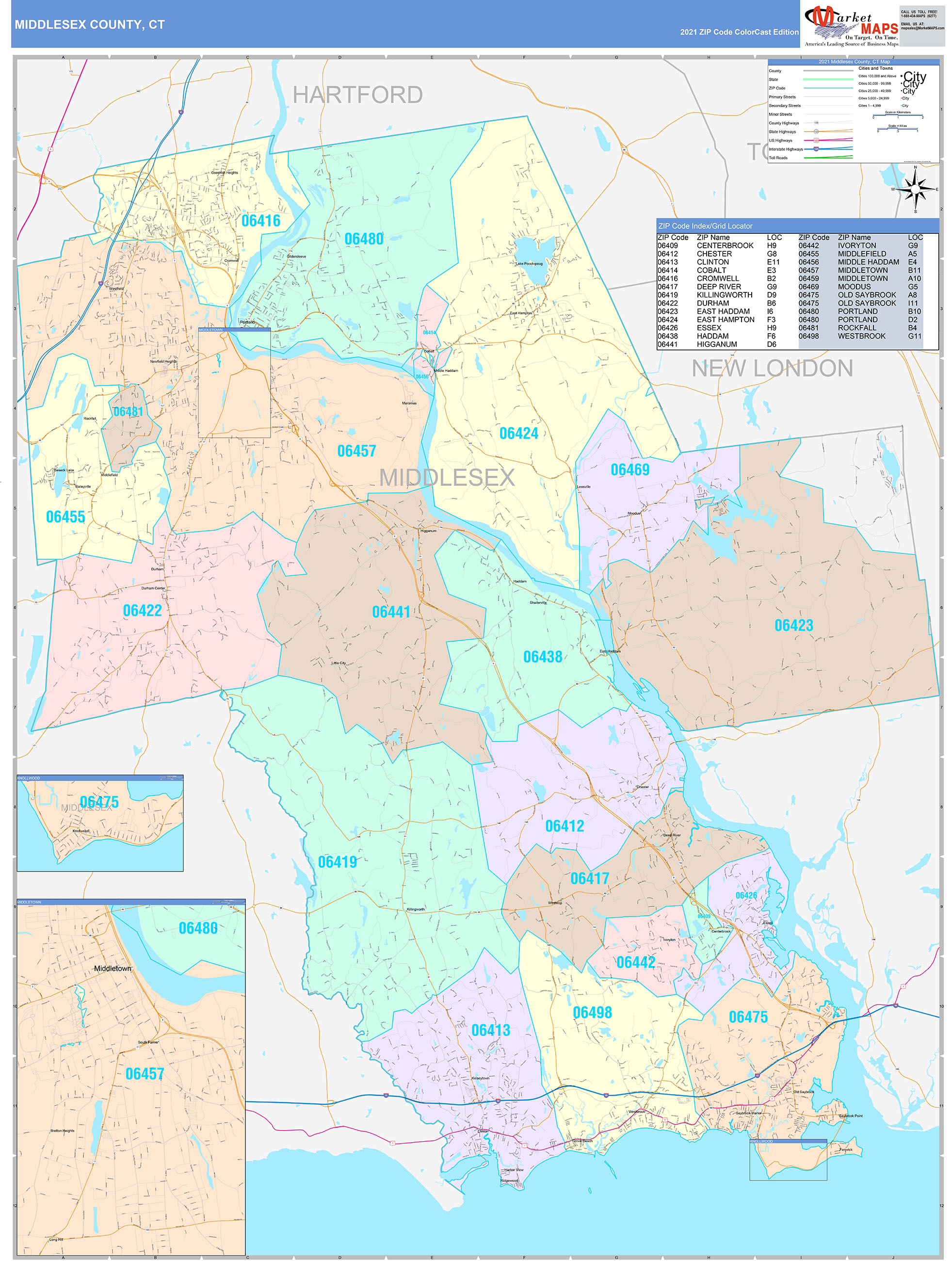 Middlesex County Ct Wall Map Color Cast Style By Marketmaps