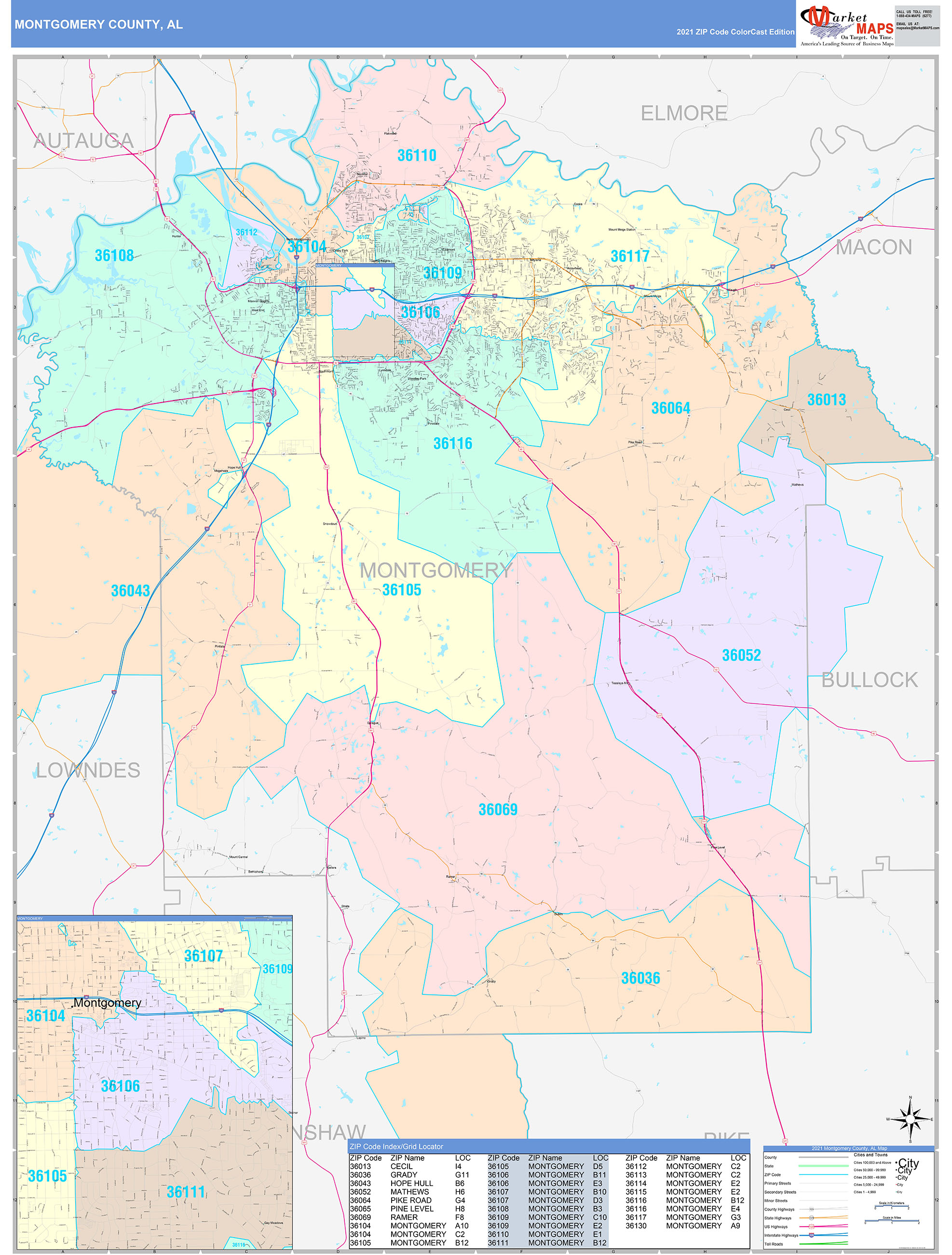 Montgomery County, AL Wall Map Color Cast Style by MarketMAPS ...