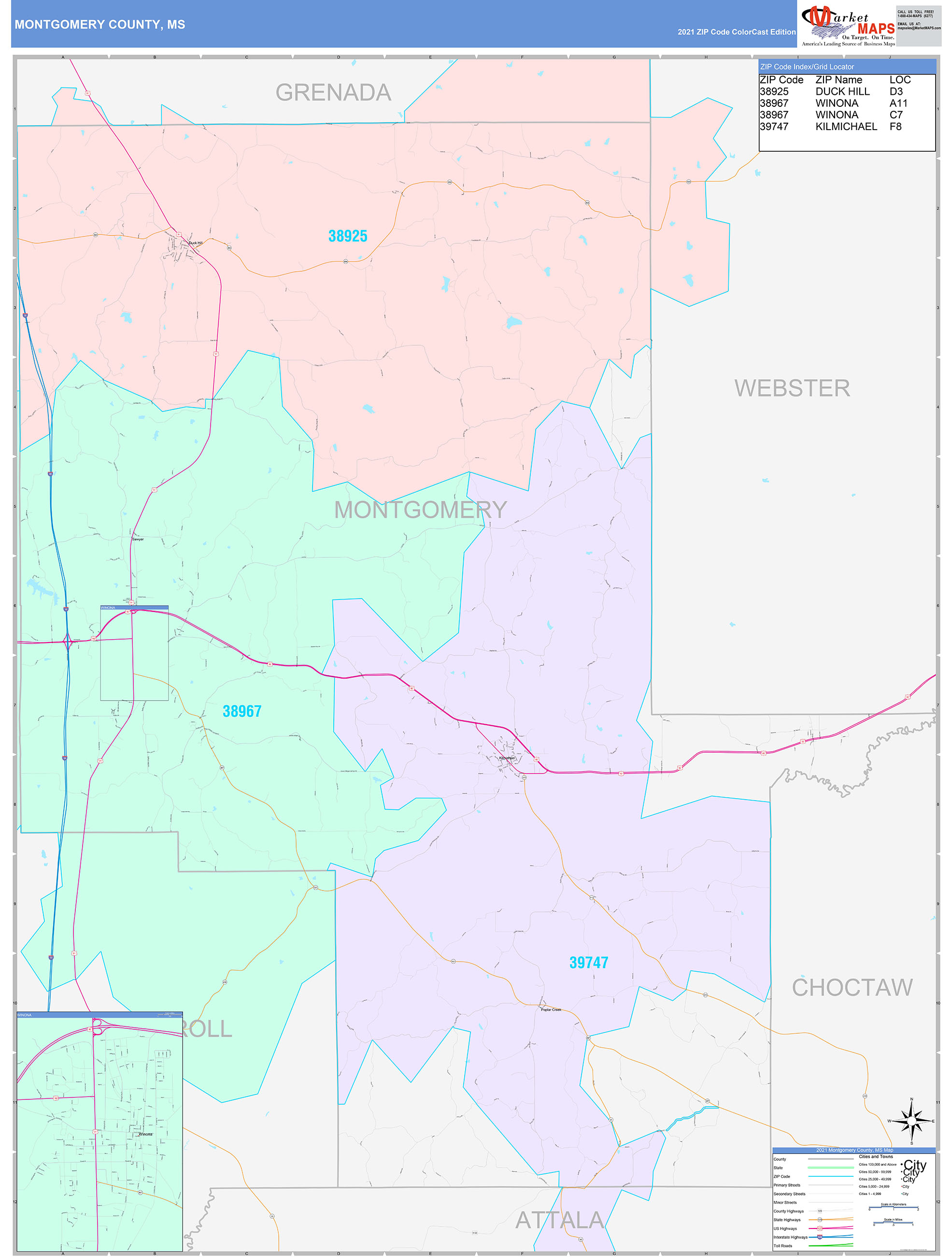 Montgomery County, MS Wall Map Color Cast Style by MarketMAPS ...