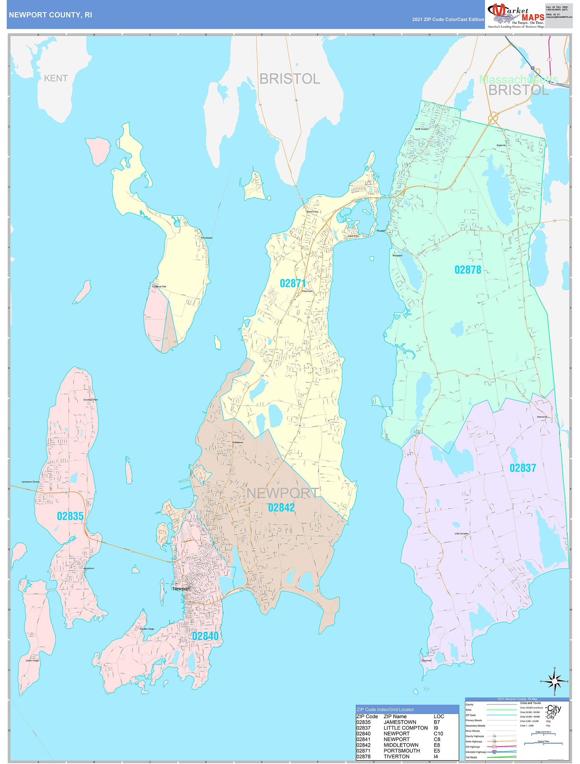 Newport County, RI Wall Map Color Cast Style by MarketMAPS - MapSales.com