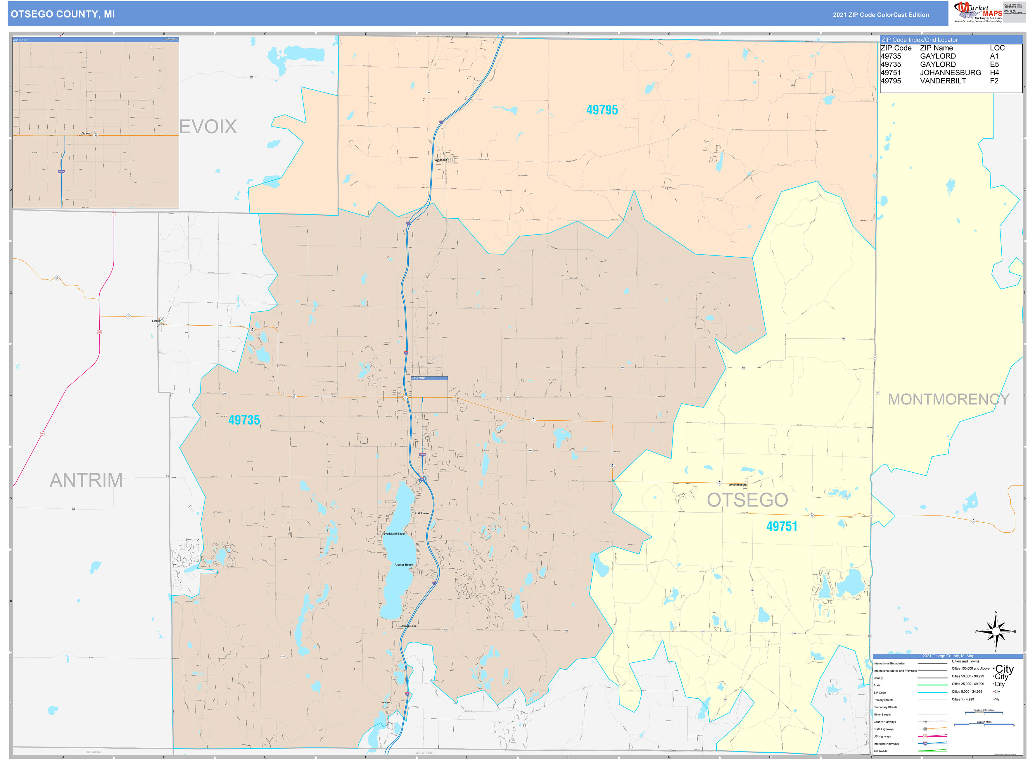 Otsego County, MI Wall Map Color Cast Style by MarketMAPS - MapSales