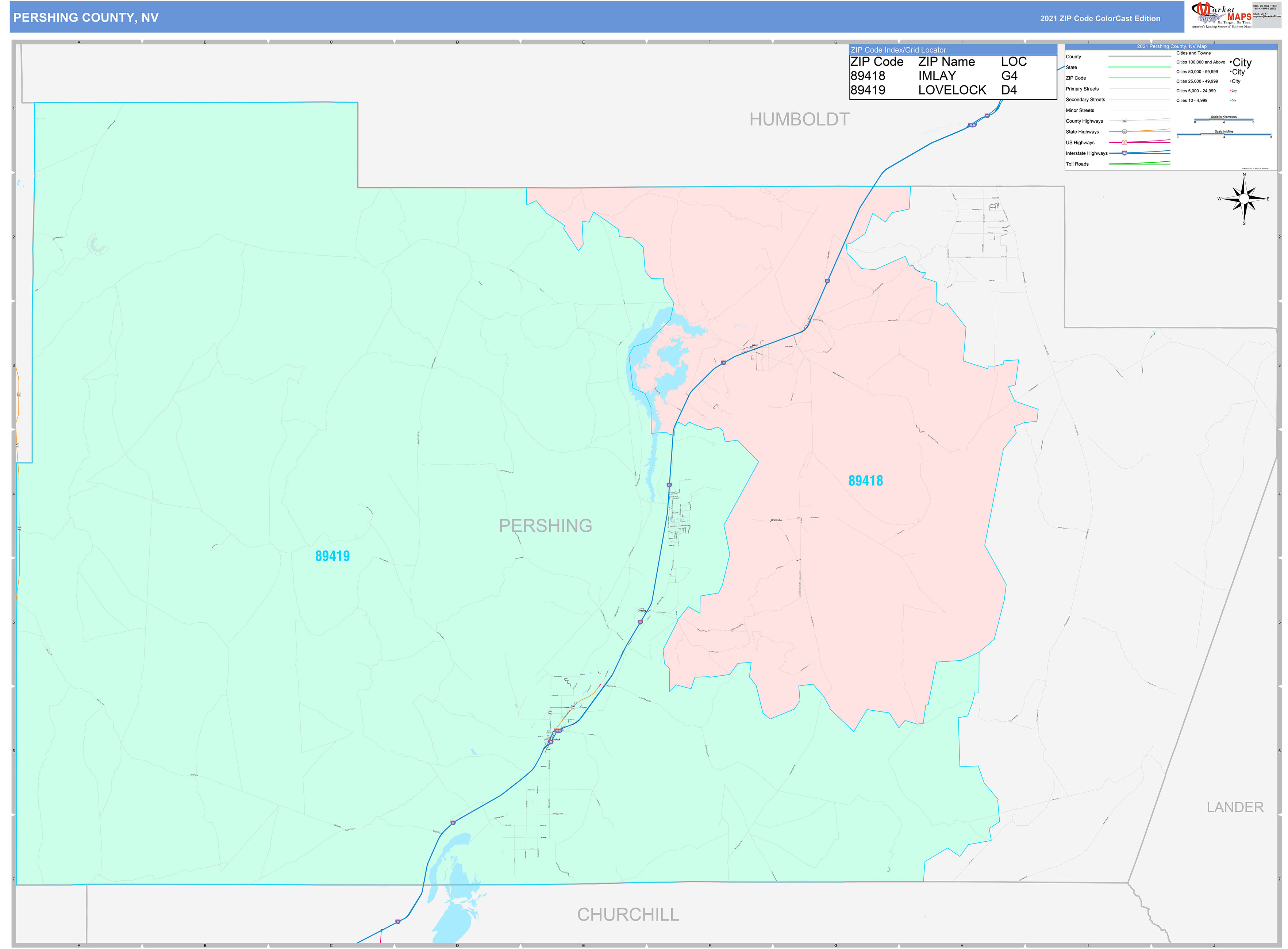 Pershing County, NV Wall Map Color Cast Style by MarketMAPS - MapSales.com
