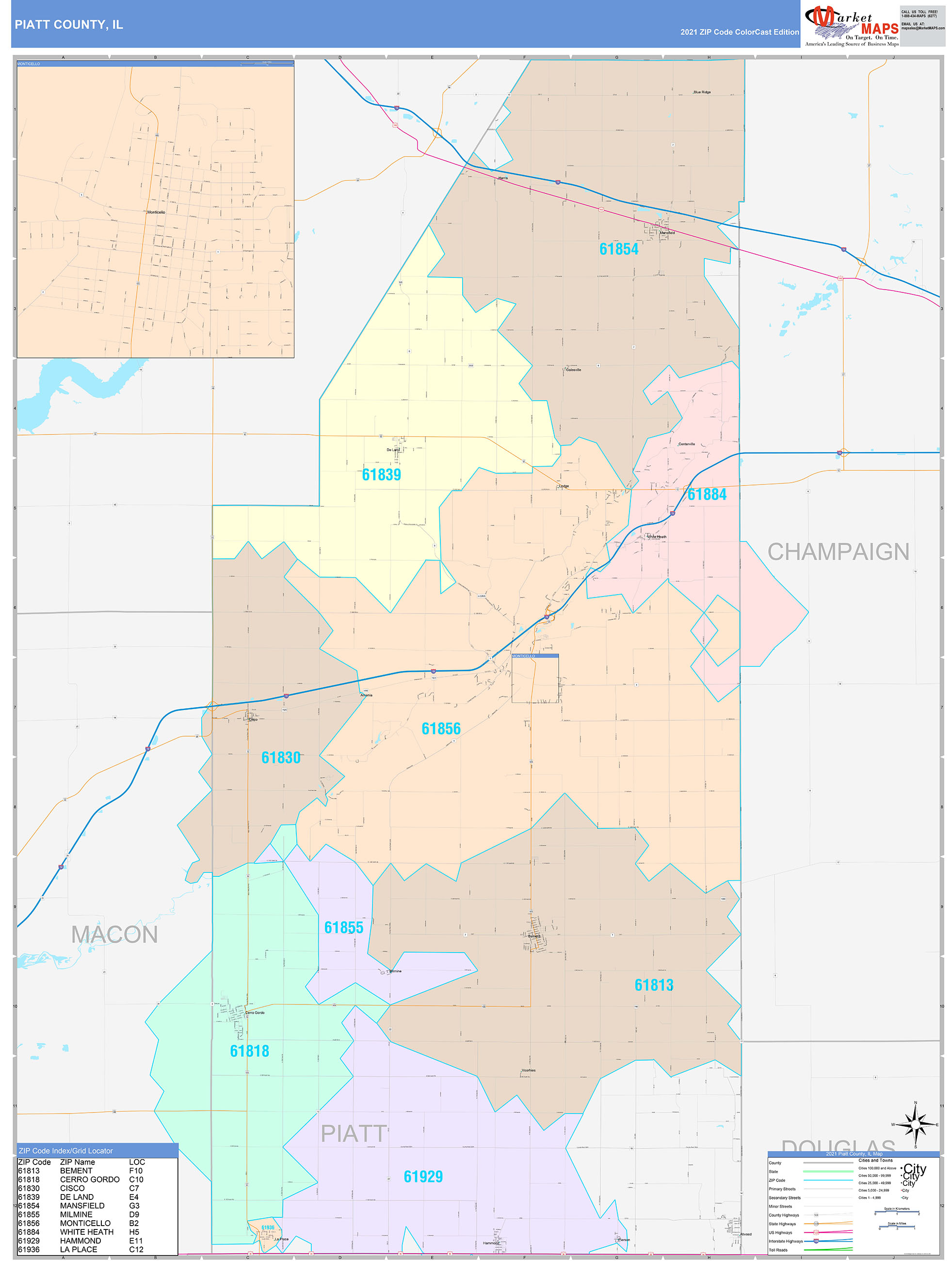 Piatt County, IL Wall Map Color Cast Style by MarketMAPS - MapSales
