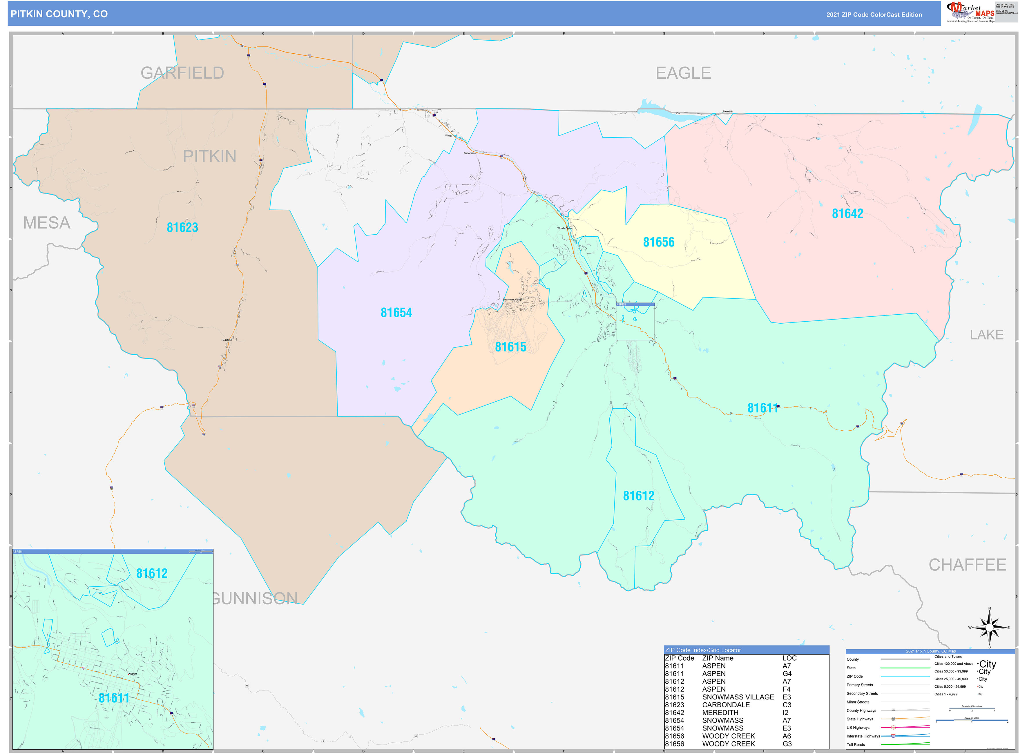 Pitkin County, CO Wall Map Color Cast Style by MarketMAPS - MapSales.com