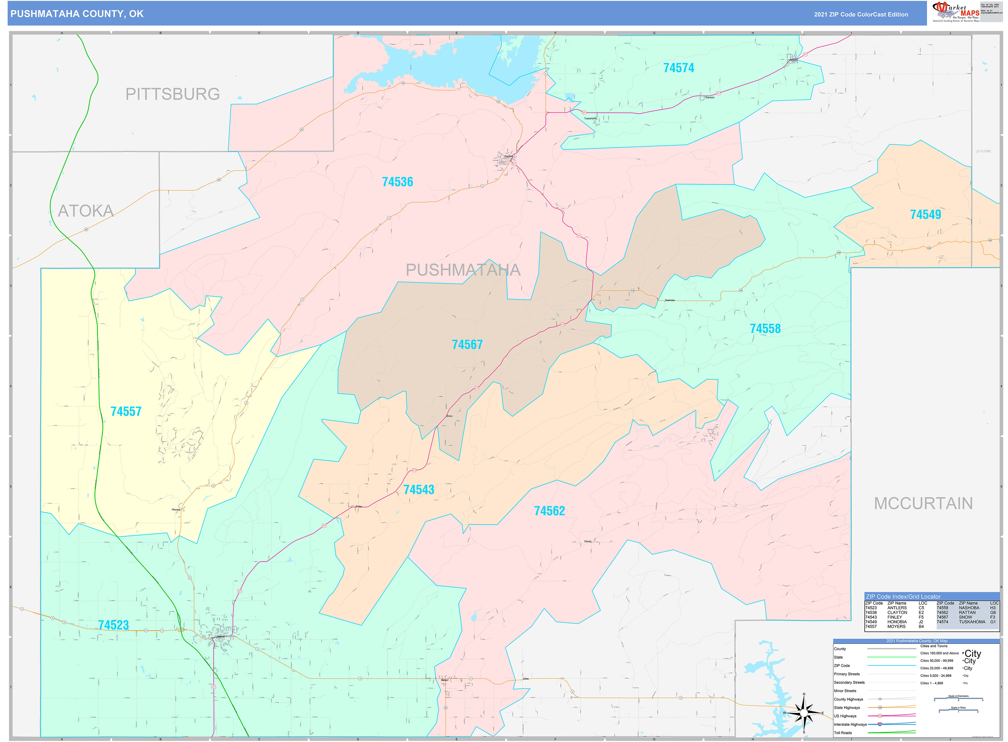 Pushmataha County, OK Wall Map Color Cast Style by MarketMAPS - MapSales
