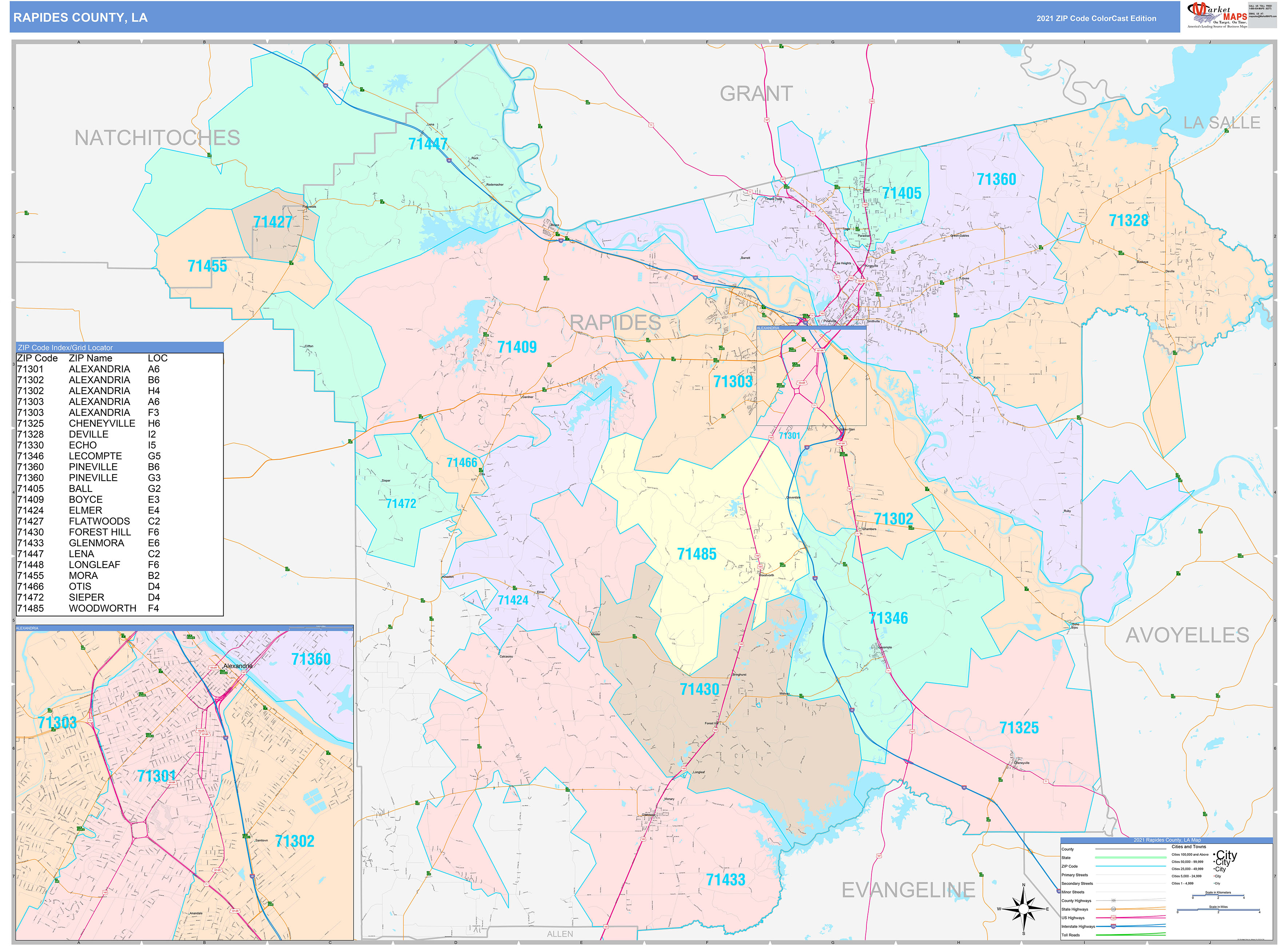 Rapides County, LA Wall Map Color Cast Style by MarketMAPS - MapSales