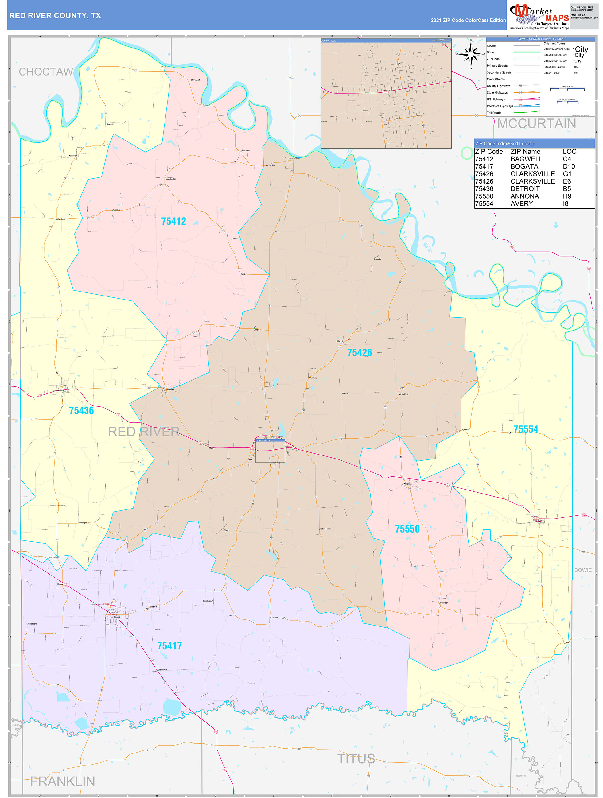 Red River County, TX Wall Map Color Cast Style by MarketMAPS