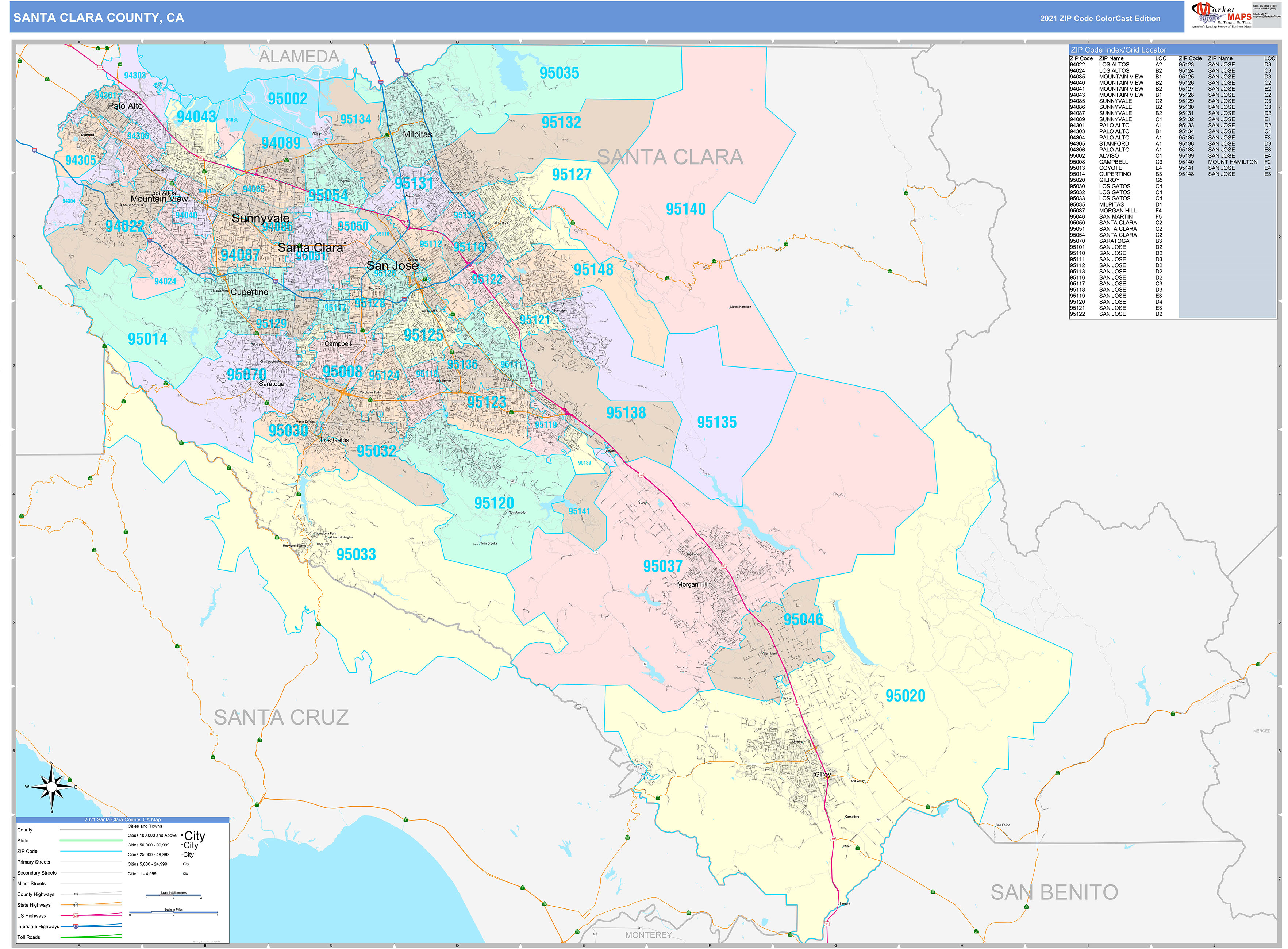 Santa Clara County, CA Wall Map Color Cast Style by MarketMAPS