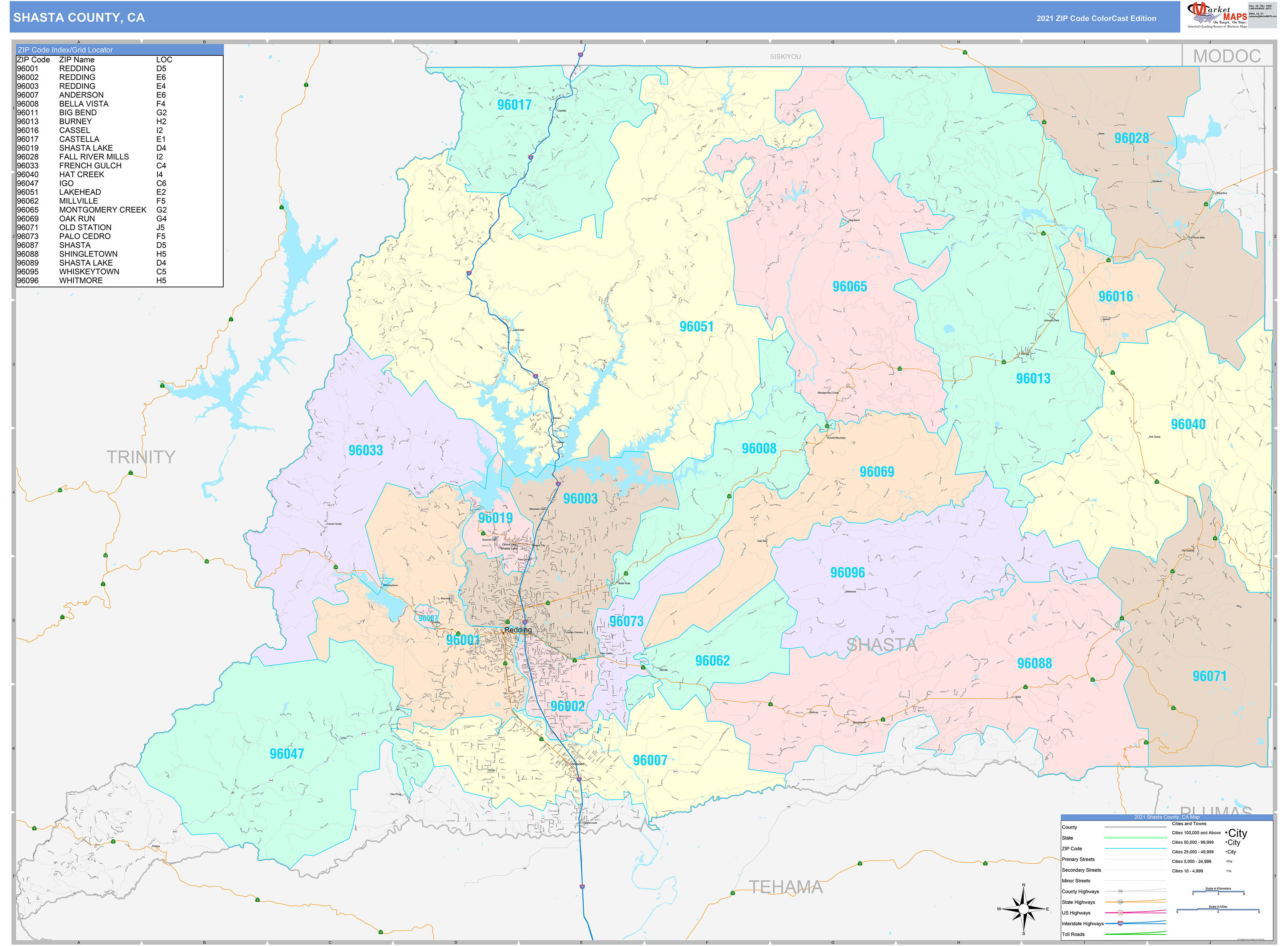 Shasta County, CA Wall Map Color Cast Style by MarketMAPS