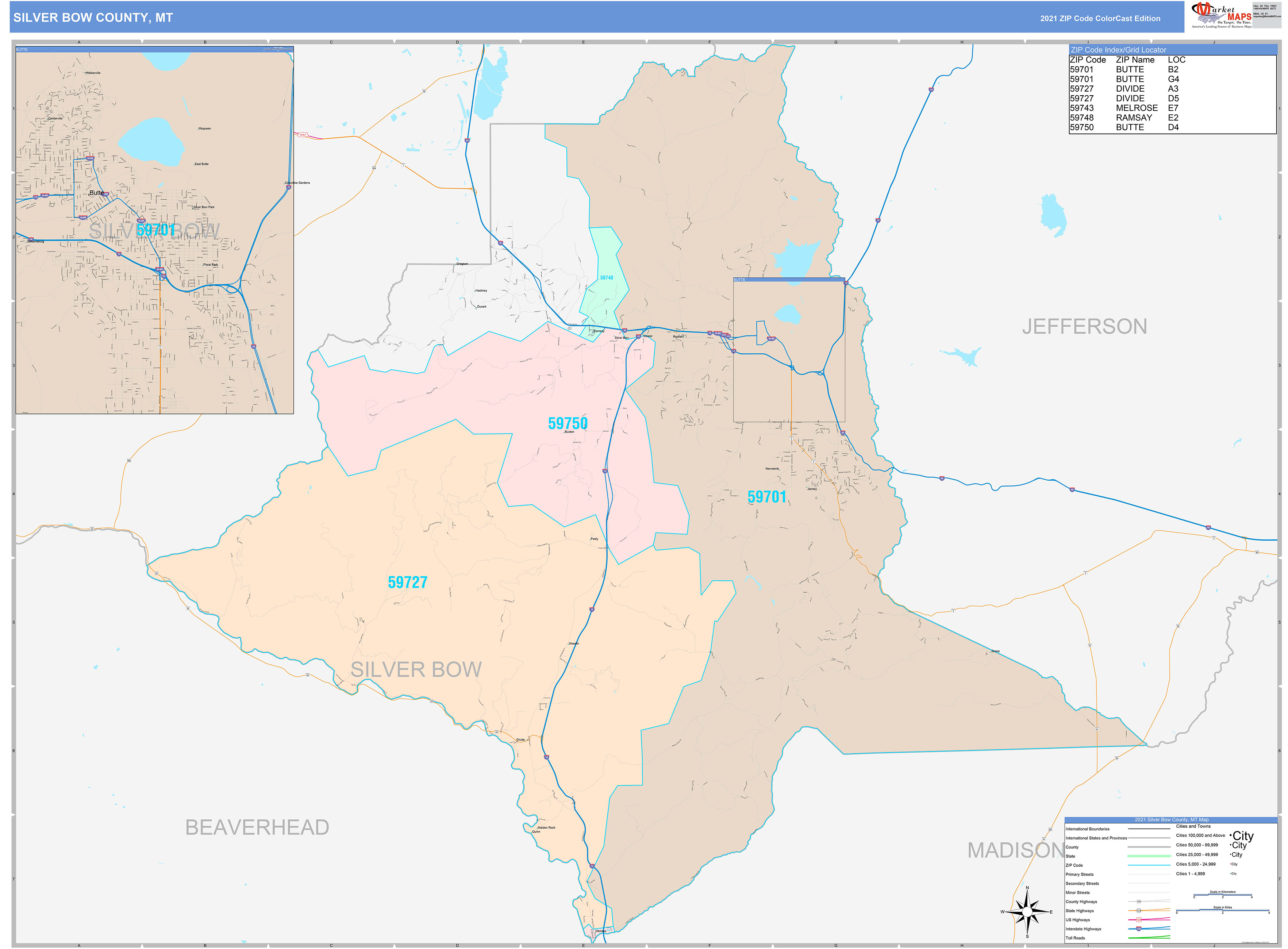 Silver Bow County, MT Wall Map Color Cast Style by MarketMAPS - MapSales