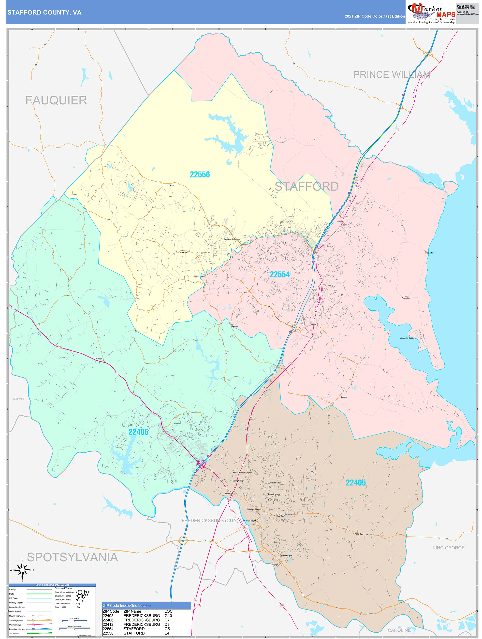 Stafford County, VA Wall Map Color Cast Style by MarketMAPS - MapSales