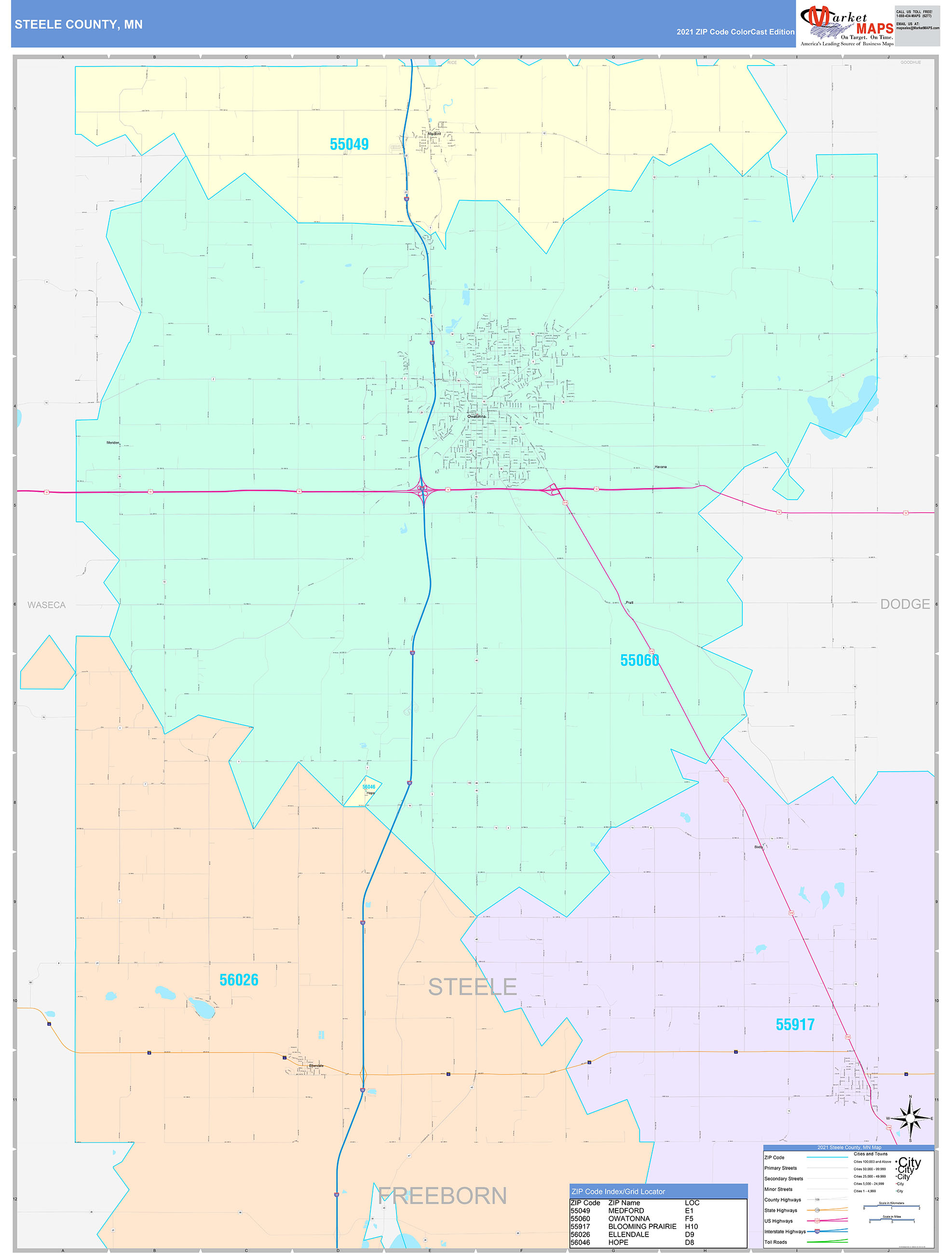Steele County, MN Wall Map Color Cast Style by MarketMAPS - MapSales