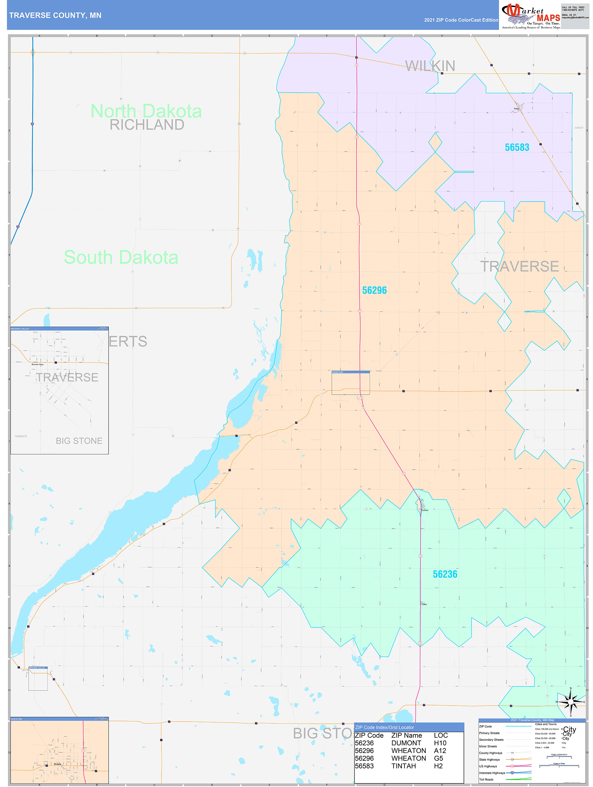 Traverse County, MN Wall Map Color Cast Style by MarketMAPS - MapSales
