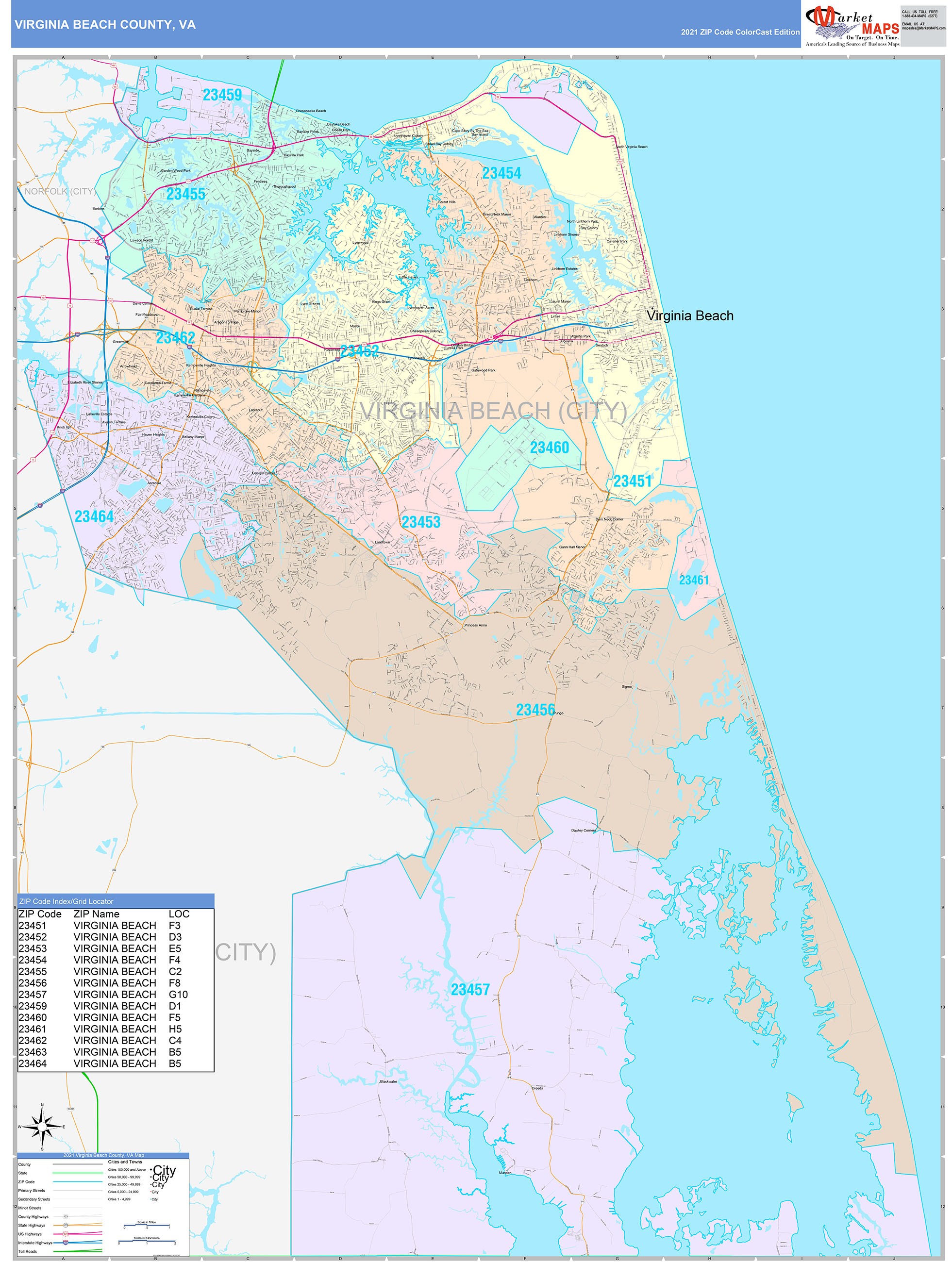 Virginia Beach County, VA Wall Map Color Cast Style by MarketMAPS ...