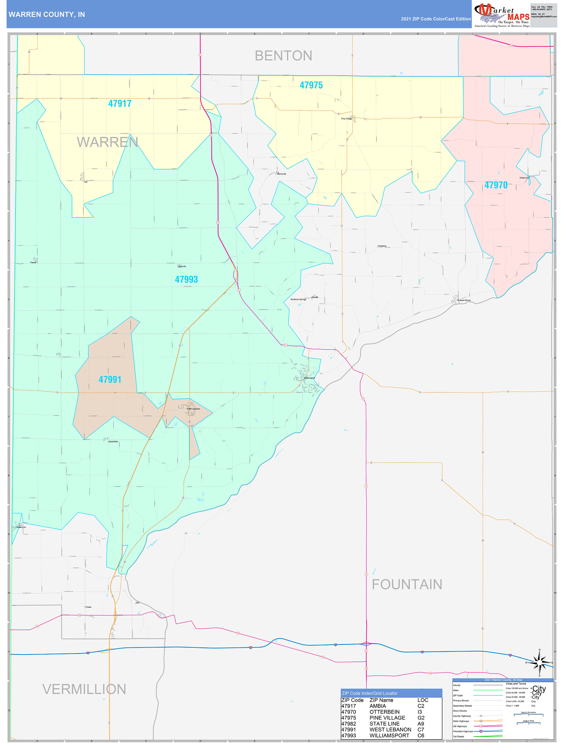 Warren County, IN Wall Map Color Cast Style by MarketMAPS - MapSales