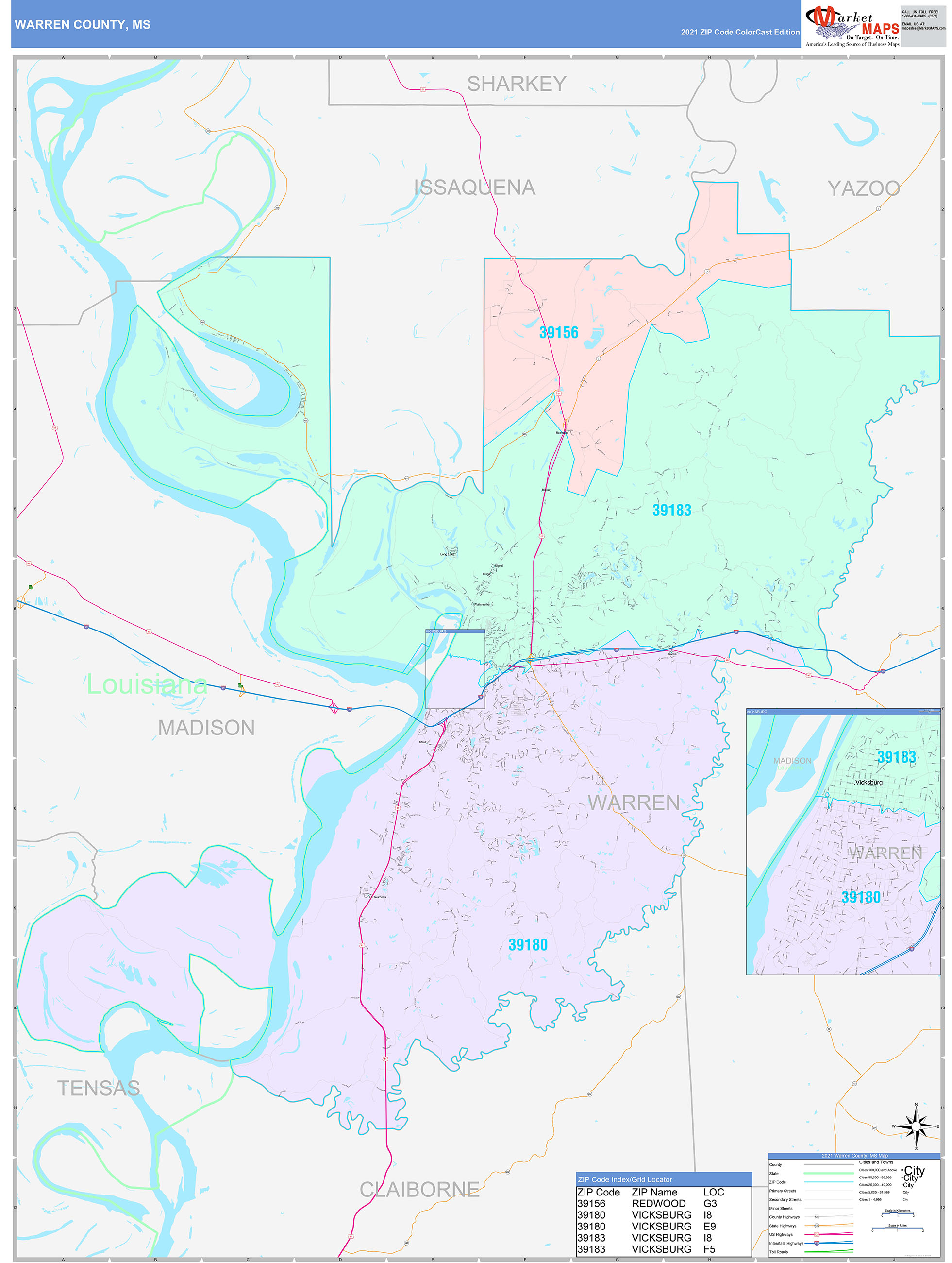 Warren County, MS Wall Map Color Cast Style by MarketMAPS - MapSales.com