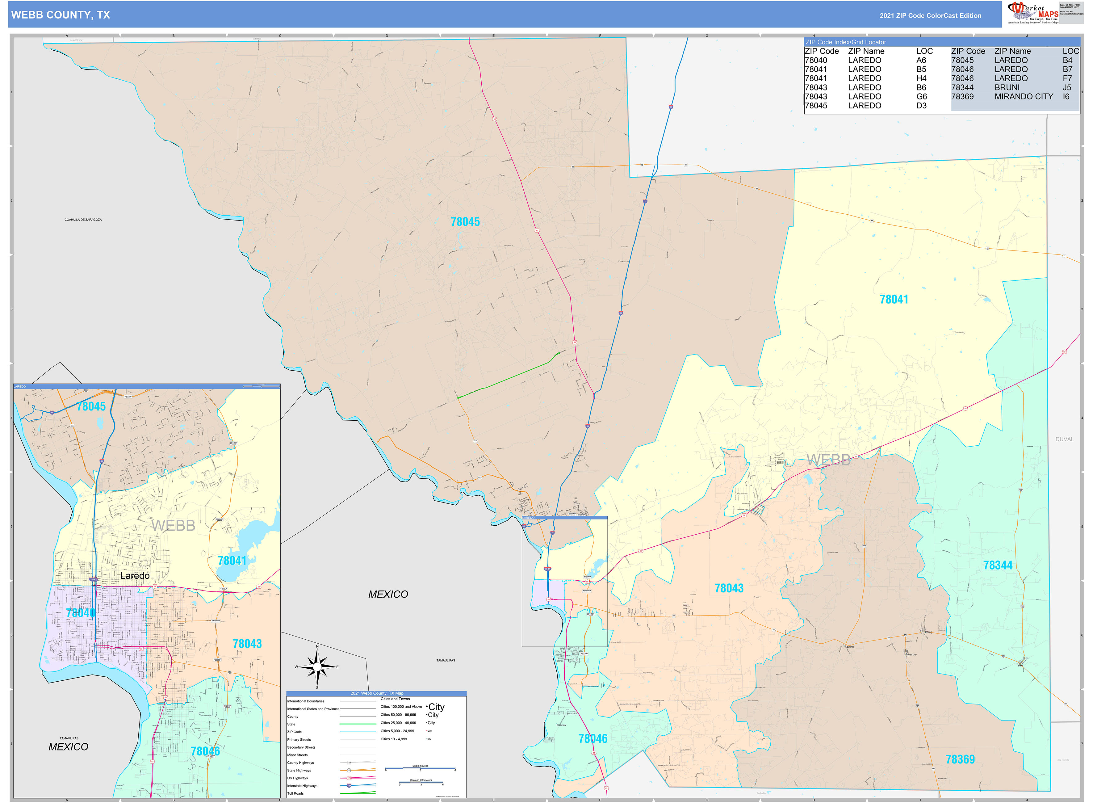 Webb County, TX Wall Map Color Cast Style by MarketMAPS - MapSales.com