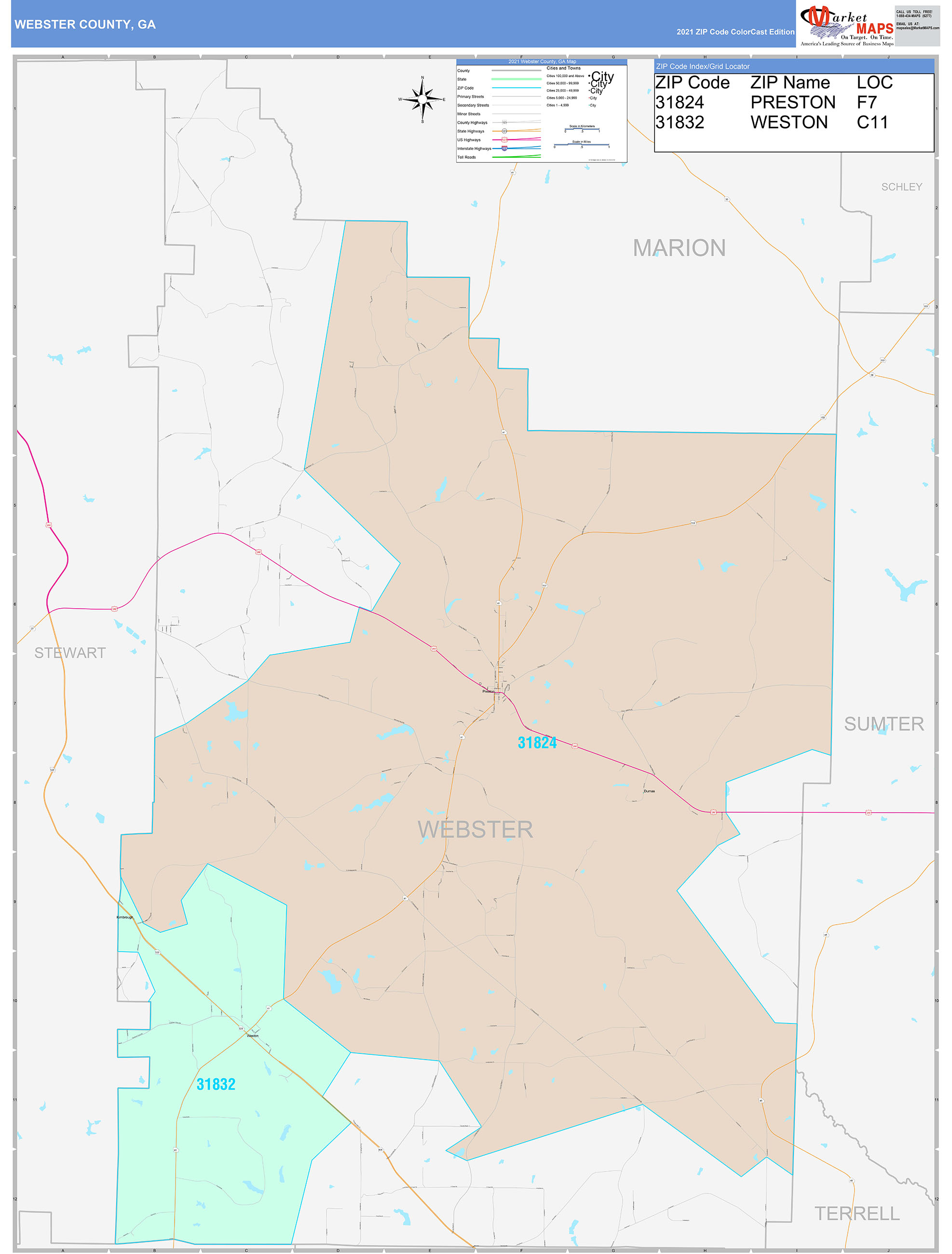 Webster County, GA Wall Map Color Cast Style by MarketMAPS - MapSales.com