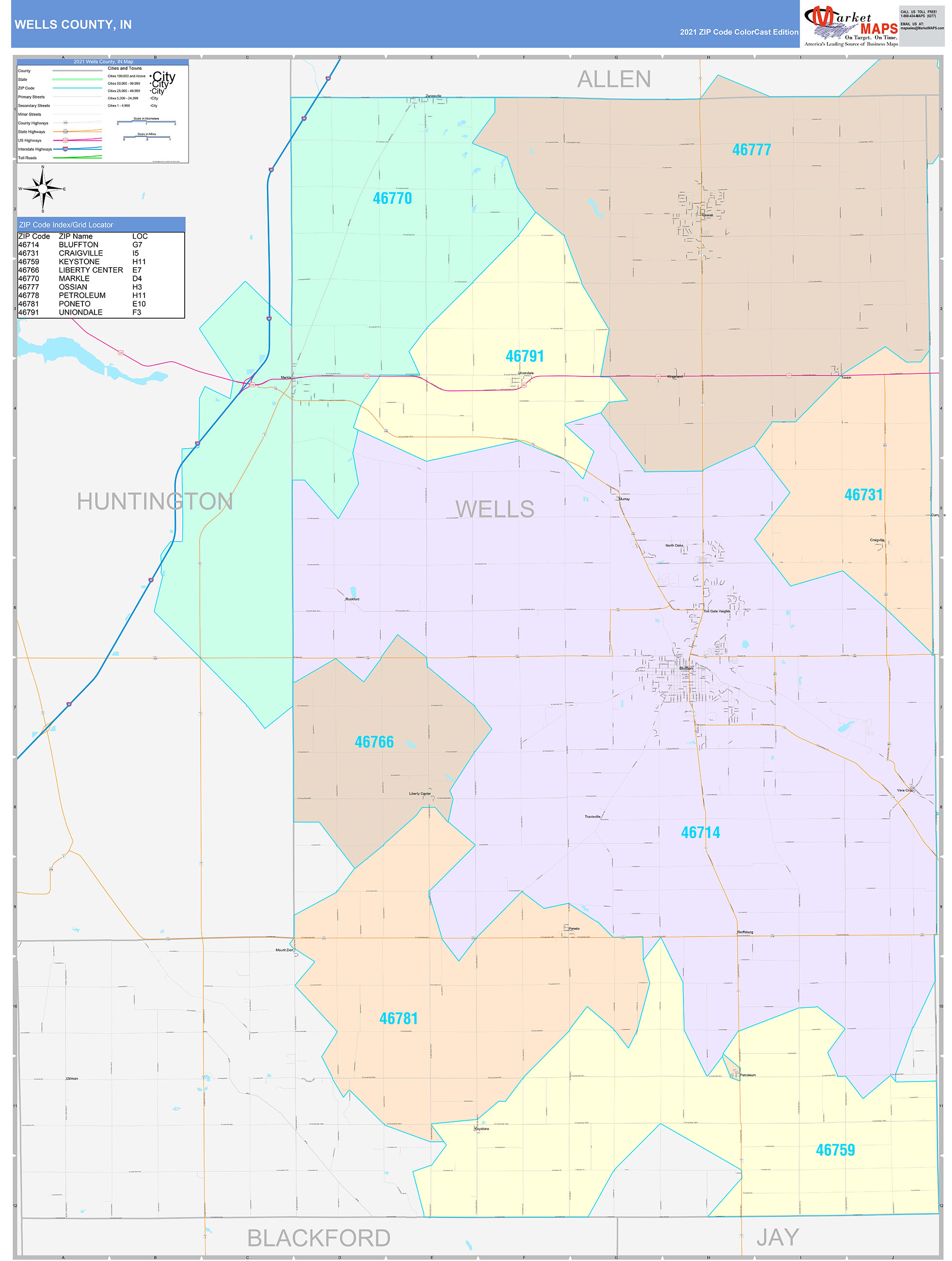 Wells County, IN Wall Map Color Cast Style by MarketMAPS - MapSales