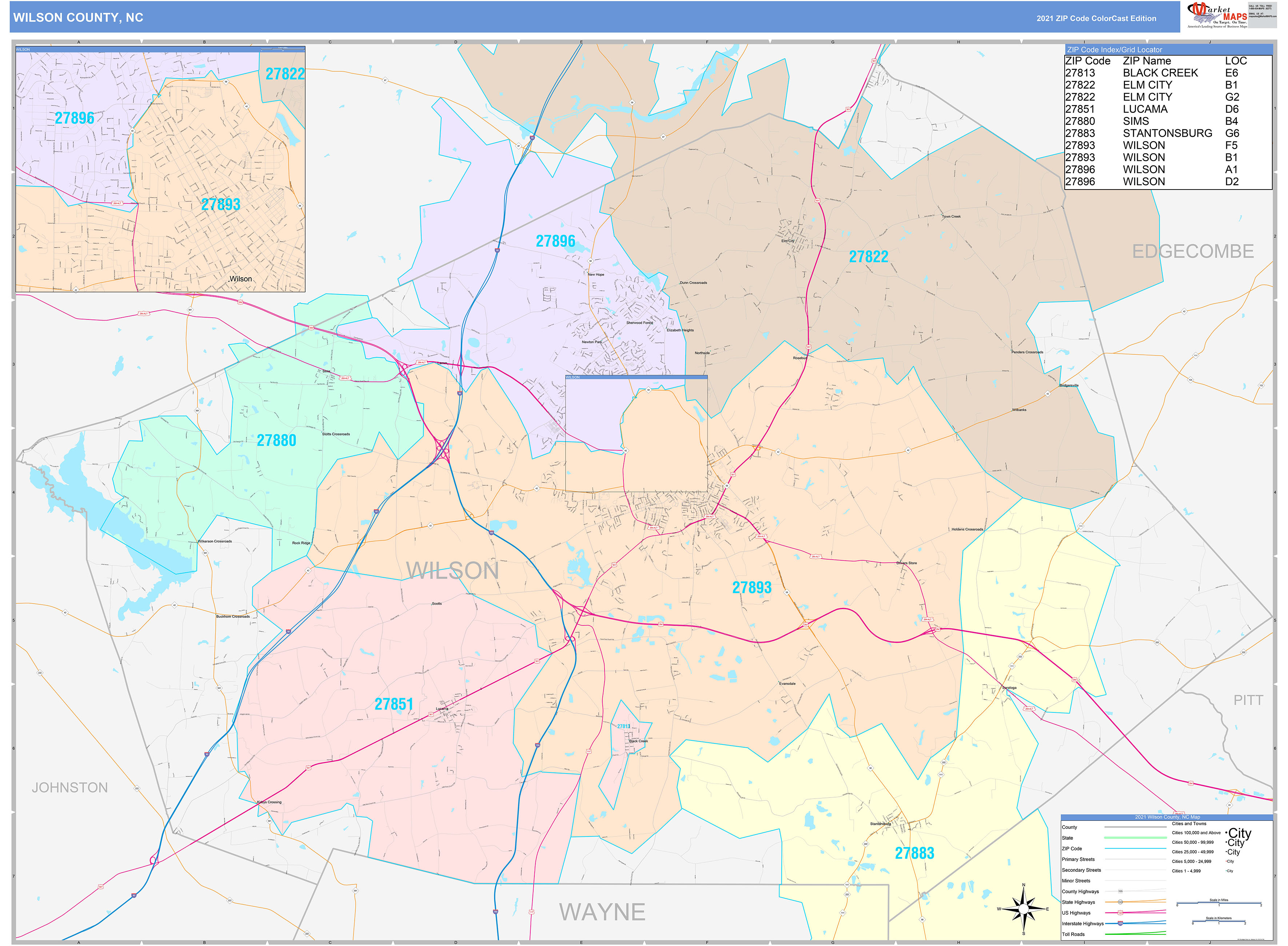 Wilson County, NC Wall Map Color Cast Style by MarketMAPS - MapSales.com