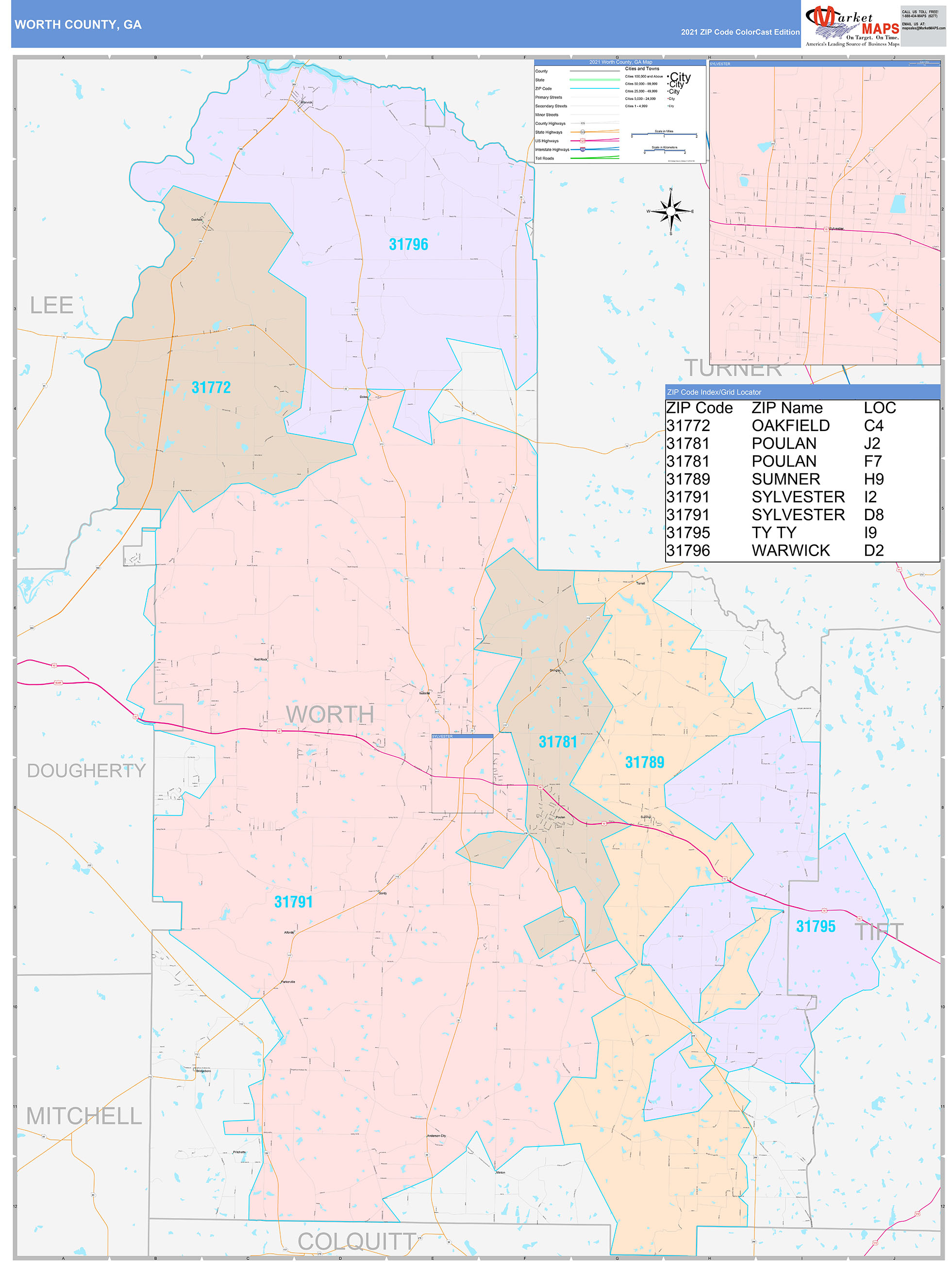 Worth County, GA Wall Map Color Cast Style by MarketMAPS - MapSales Worth County, GA Wall Map Color Cast Style by MarketMAPS - MapSales
