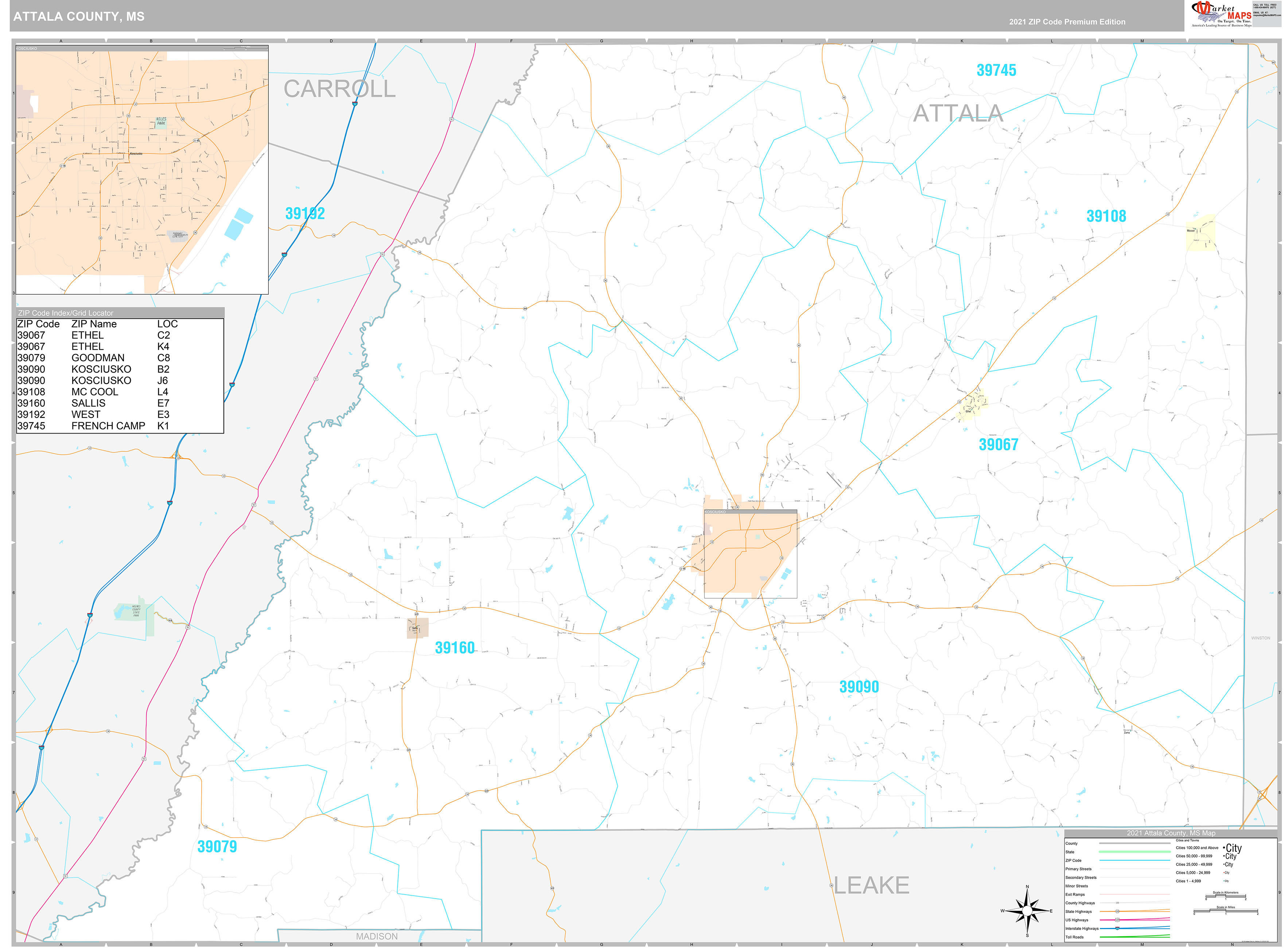 Attala County, MS Wall Map Premium Style by MarketMAPS - MapSales
