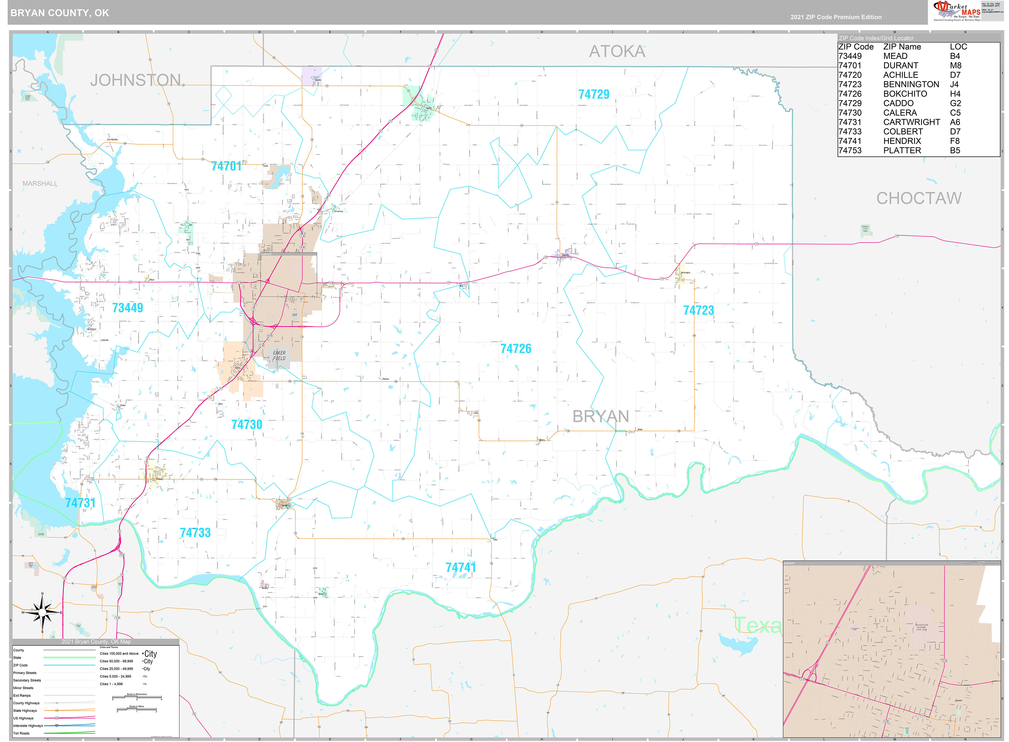 Bryan County, OK Wall Map Premium Style by MarketMAPS - MapSales