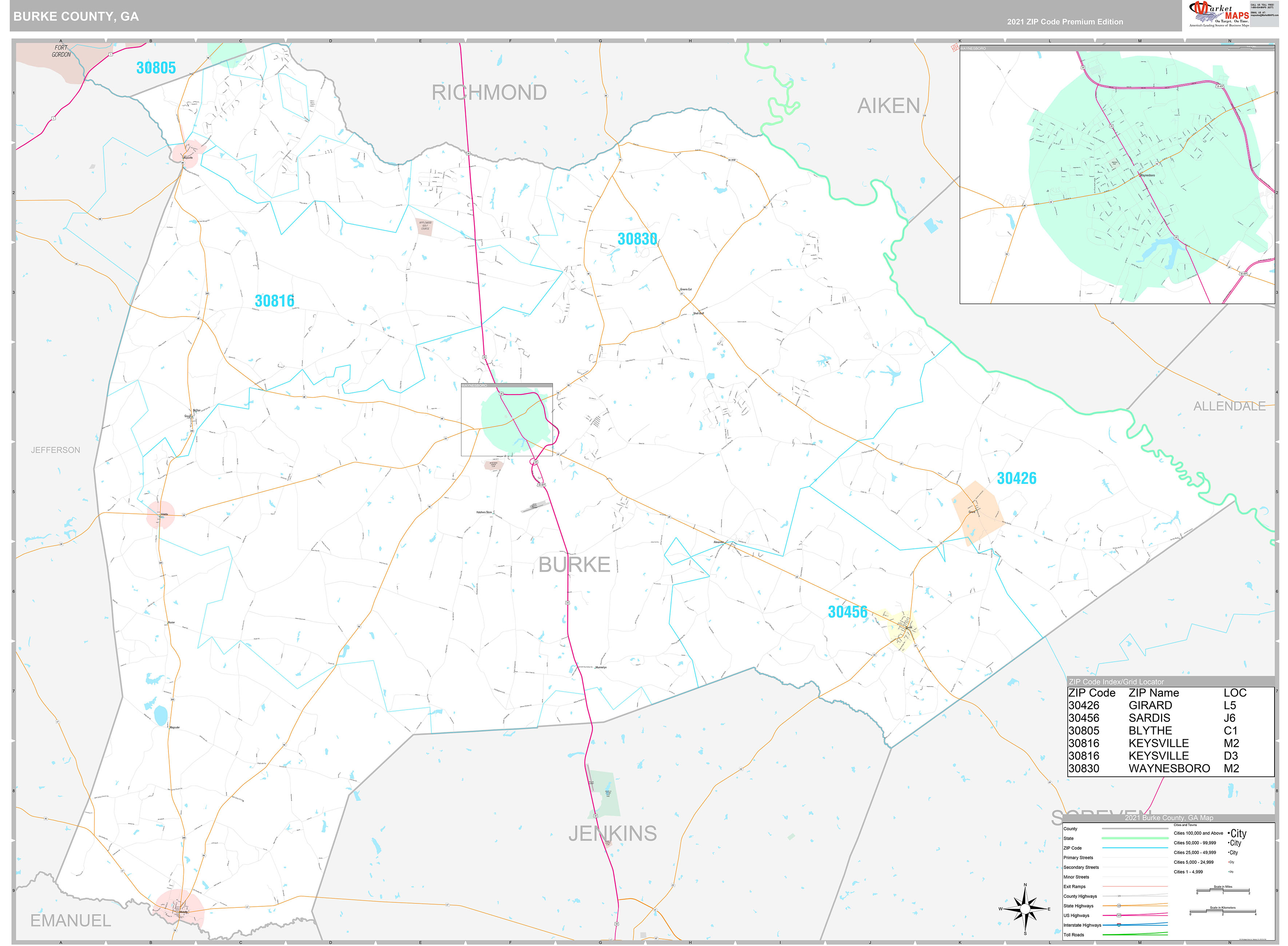 Burke County, GA Wall Map Premium Style by MarketMAPS - MapSales