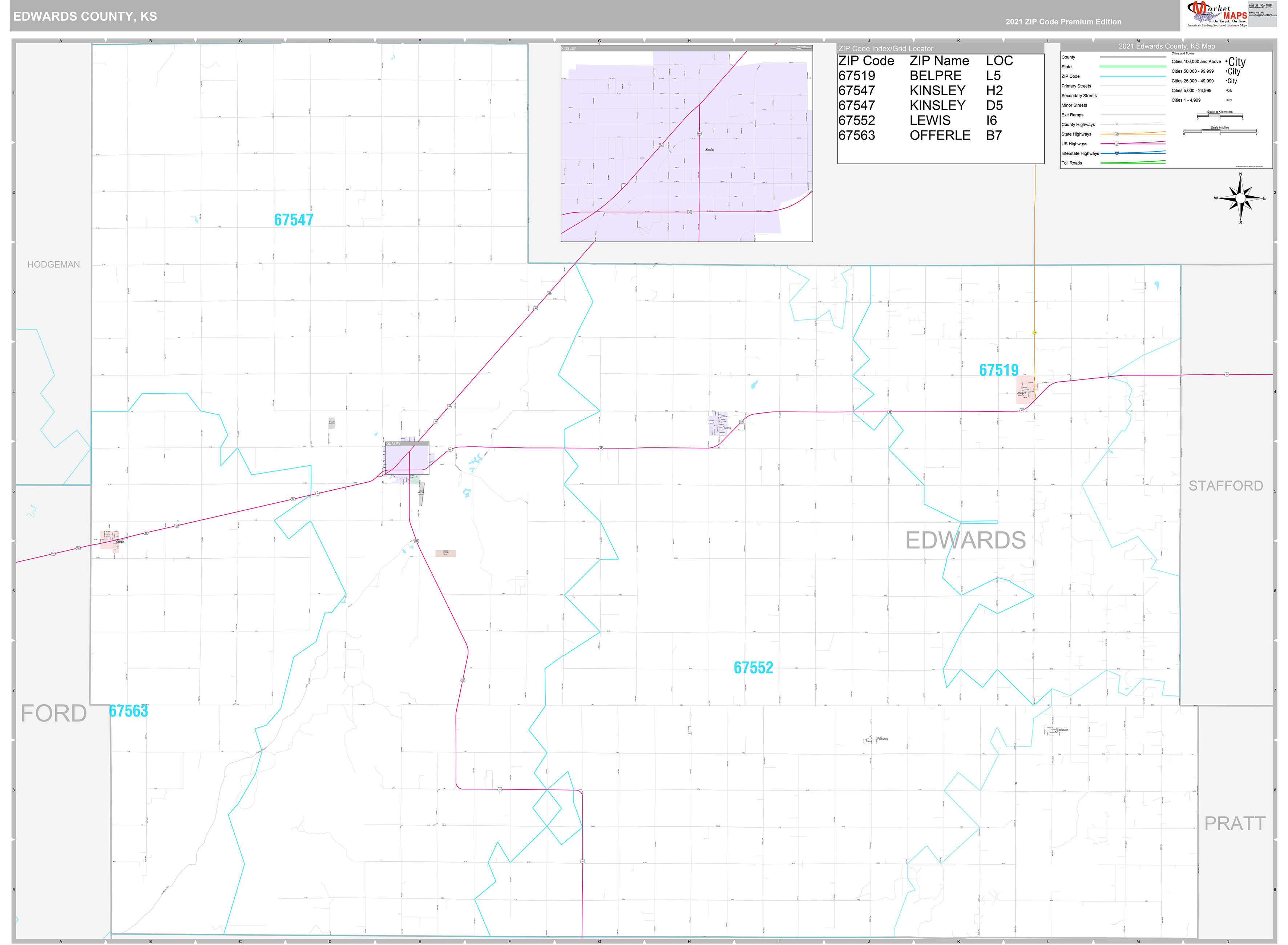Edwards County, KS Wall Map Premium Style by MarketMAPS