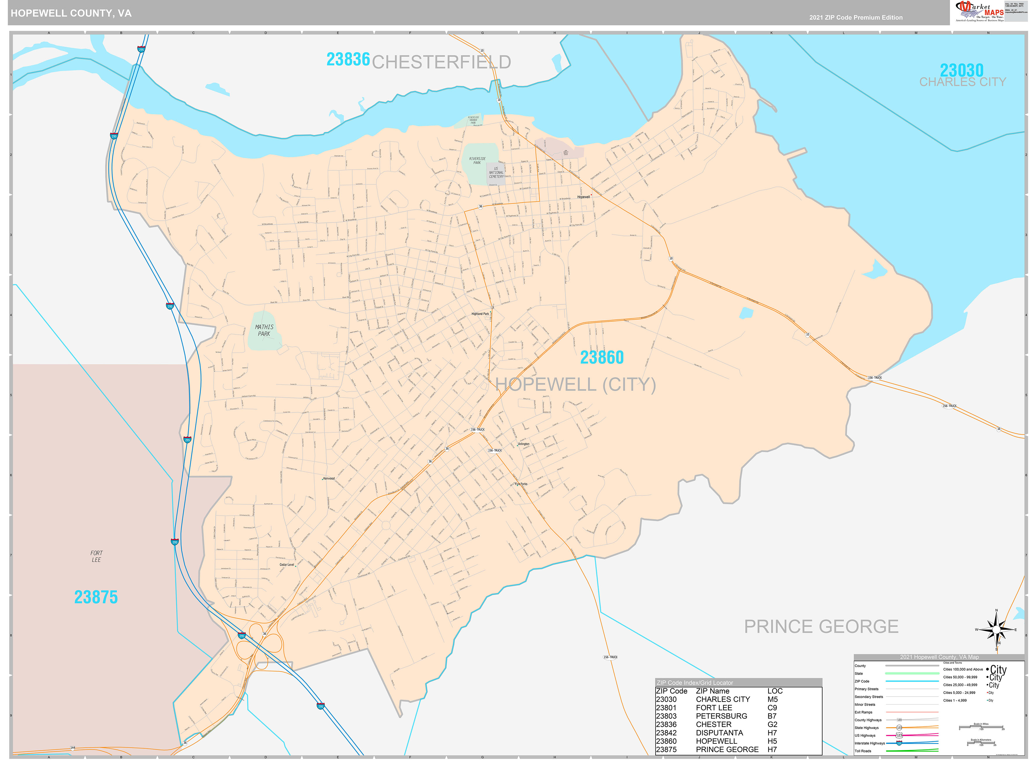 Hopewell County, VA Wall Map Premium Style by MarketMAPS - MapSales