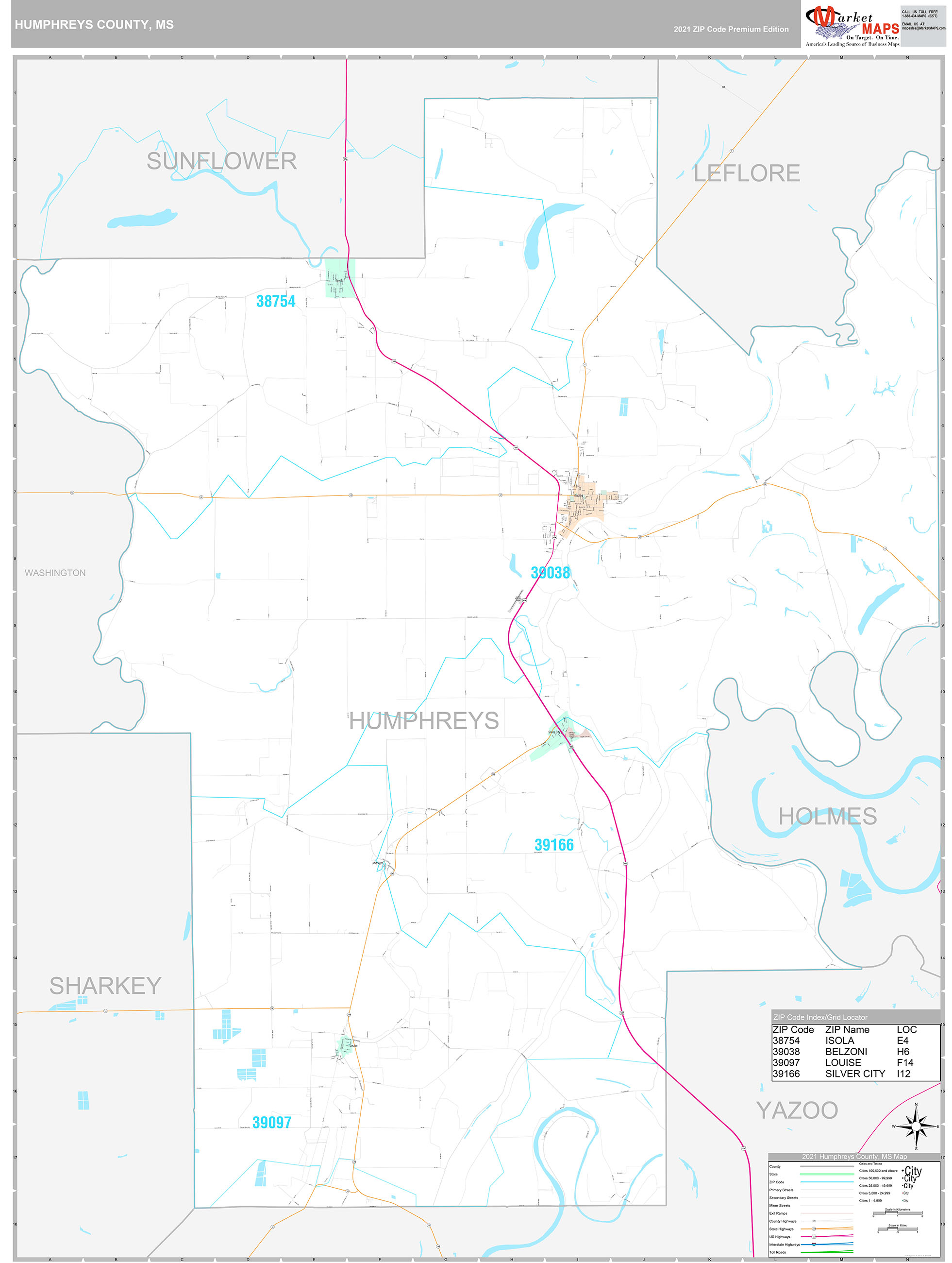 Humphreys County, MS Wall Map Premium Style by MarketMAPS - MapSales