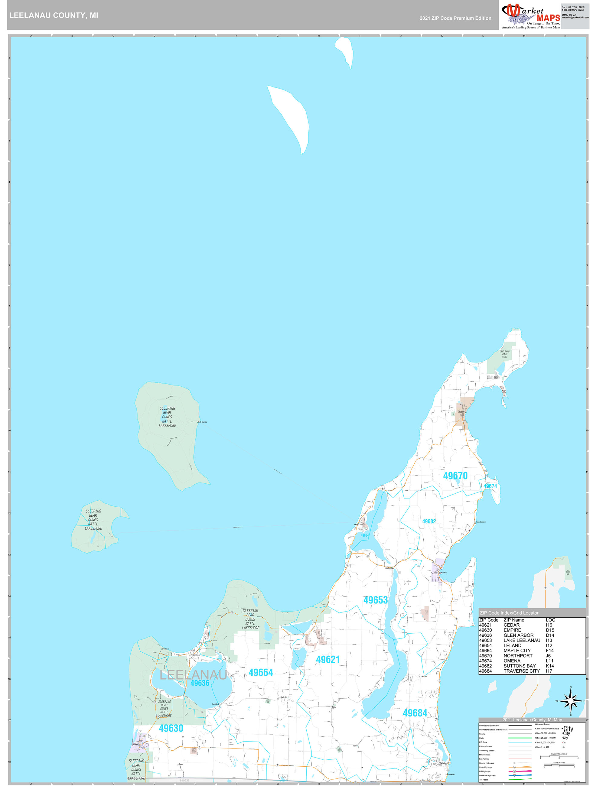 Leelanau County, MI Wall Map Premium Style by MarketMAPS