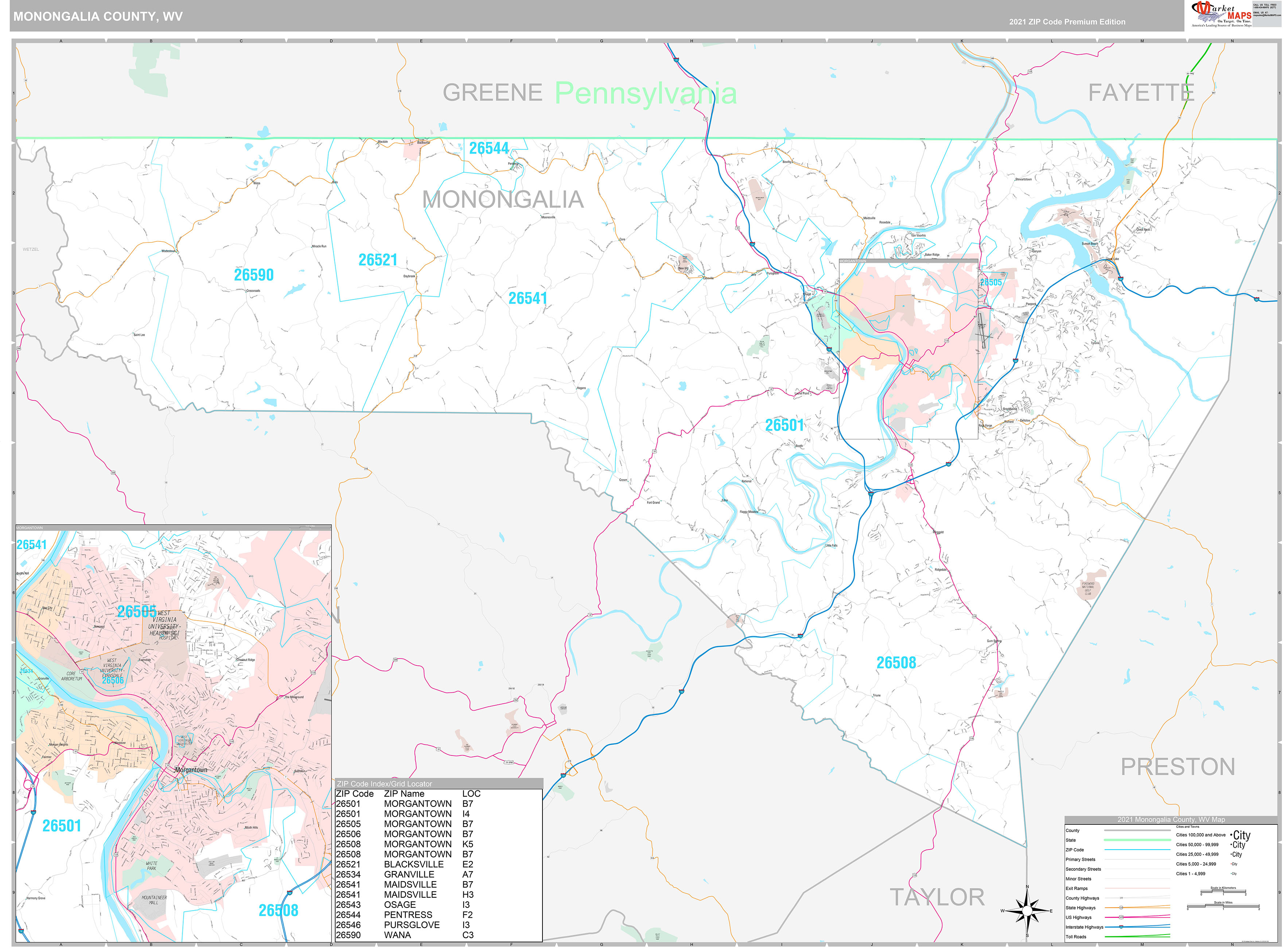 Monongalia County, WV Wall Map Premium Style by MarketMAPS - MapSales
